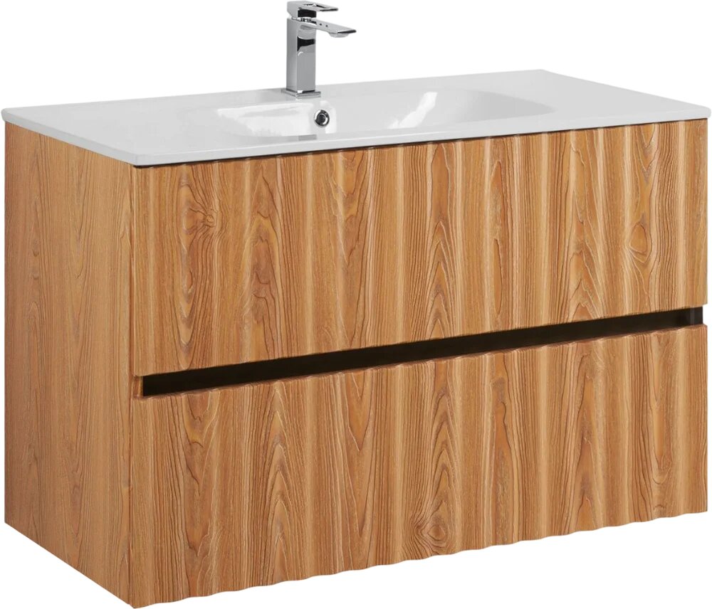 Тумба с раковиной Art&Max Элегант (Elegant) 90 подвесная, 91 см, с подсветкой, светлое дерево, матовая, из МДФ, с ящиками, раковина для ванной, фарфоровая, прямоугольная, встроенный слив-перелив