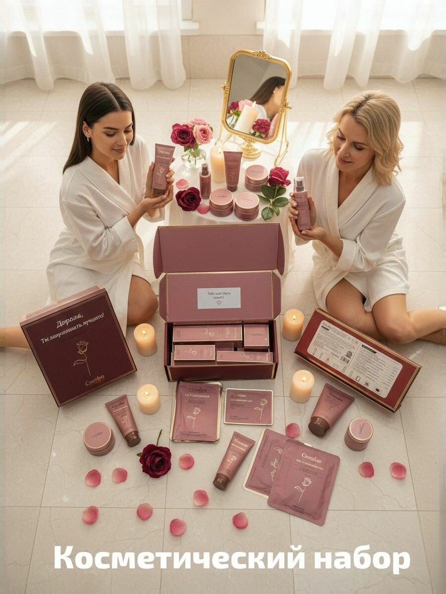 Набор косметический подарочный для ухода за лицом17 в 1 с розой и гиалуроновой кислотой в коробке