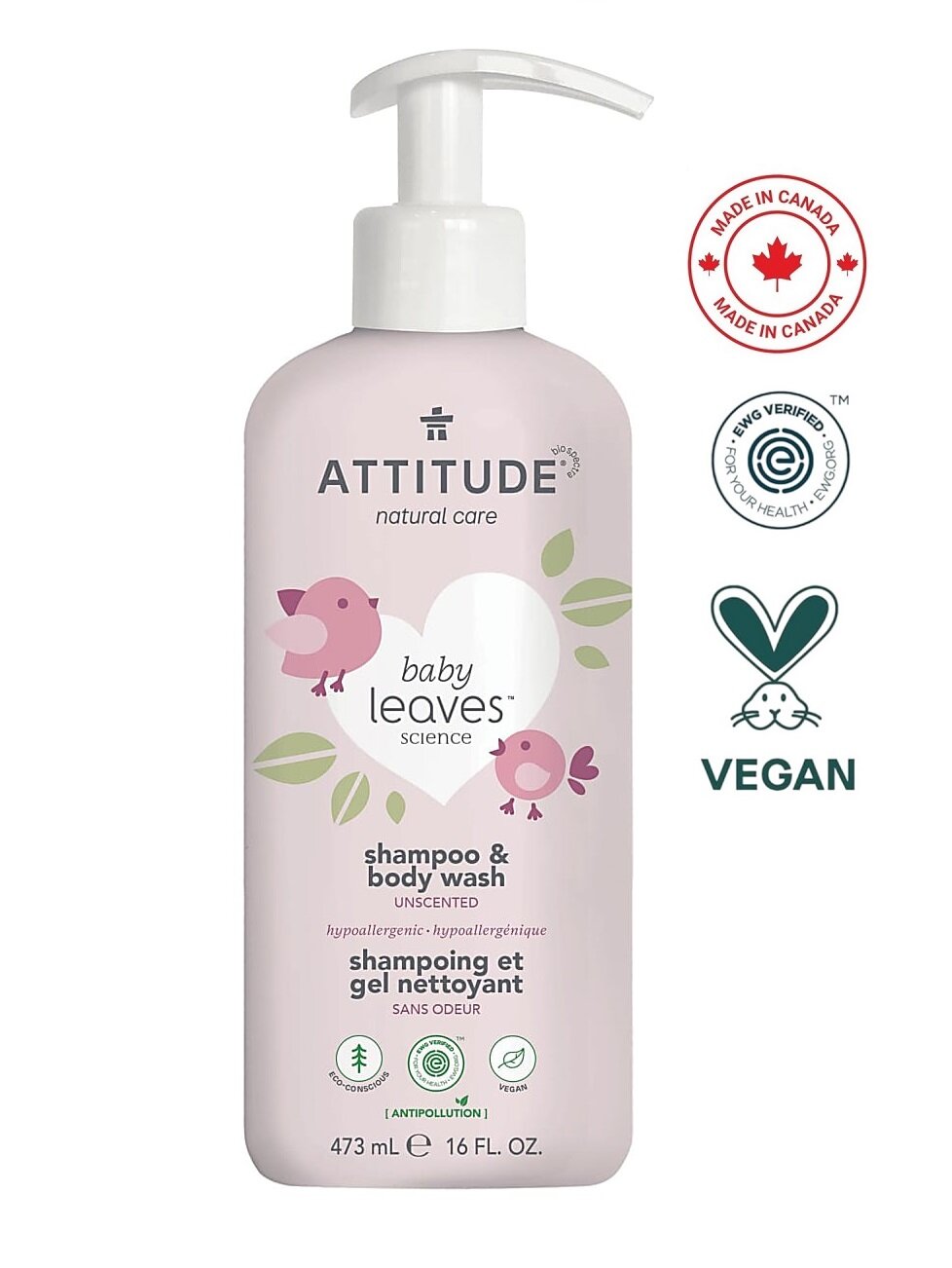 2 в 1 Детский Шампунь и гель для тела ATTITUDE Гипоаллергенный Без запаха 473 мл Канада с дозатором
