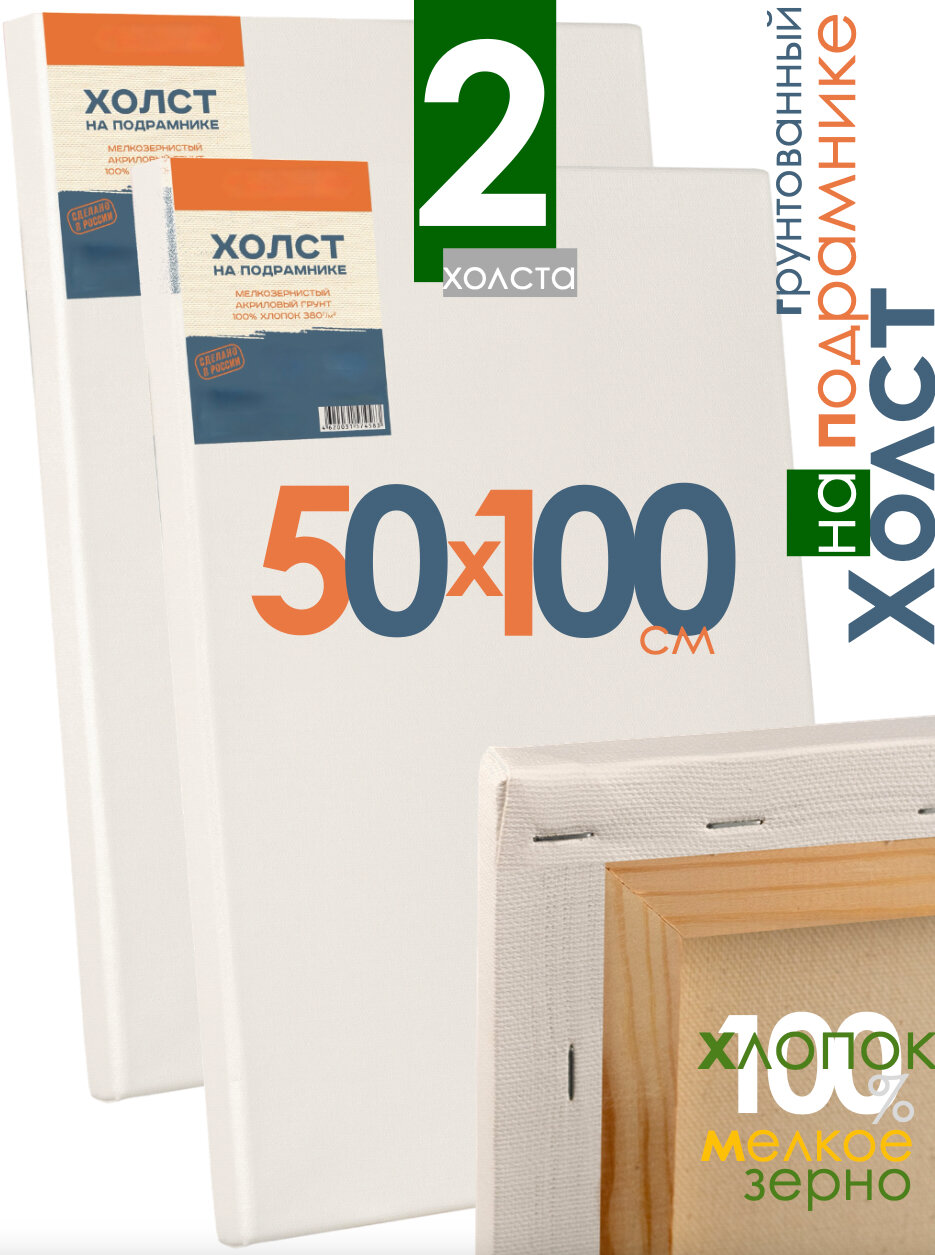 Холст на подрамнике 50х100 см, Комплект 2 шт, хлопок Пинакс, мелкозернистый, 380 гр/м2, артикул SF-ХПХ50100-02