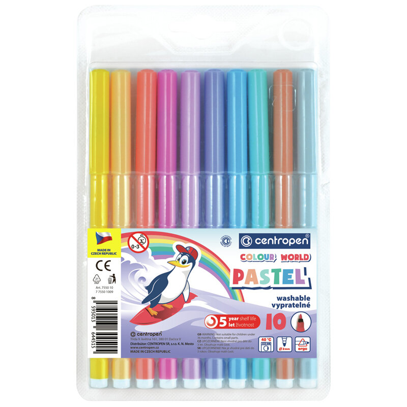 4 шт. Фломастеры Centropen "Colour World. Pastel", 10цв, 2мм, смываемые, блистер
