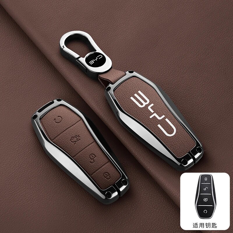 Кожаный автомобильный смарт-чехол для дистанционного ключа из сплава, аксессуары с эмблемой для BYD Song Pro Tang Dmi QIn PLUS MAX Yuan EV Dolphin Seagull D-brown keychain