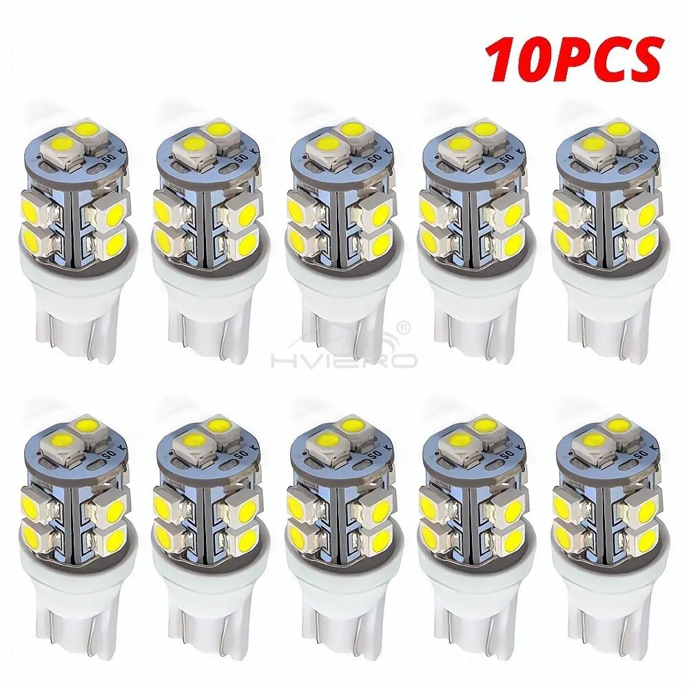 Набор Из 10 Белых Светодиодных Ламп T10 (194/W5W) Для Автомобиля, 10-сторонние, Для Подсветки Номерного Знака, 12В