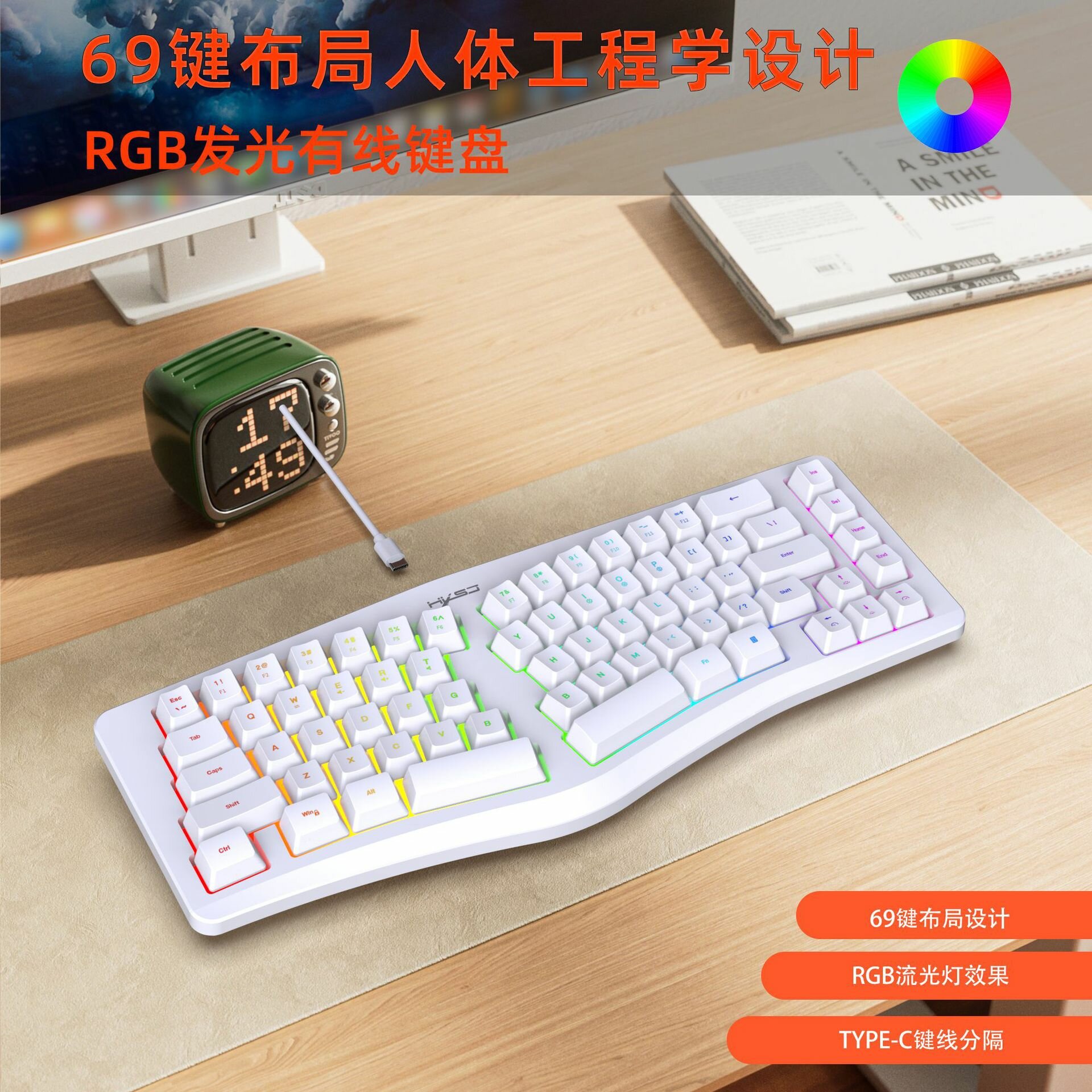 J70 69-клавишная проводная эргономичная игровая клавиатура белого цвета для ПК и ноутбуков, тихий дизайн, комфортное