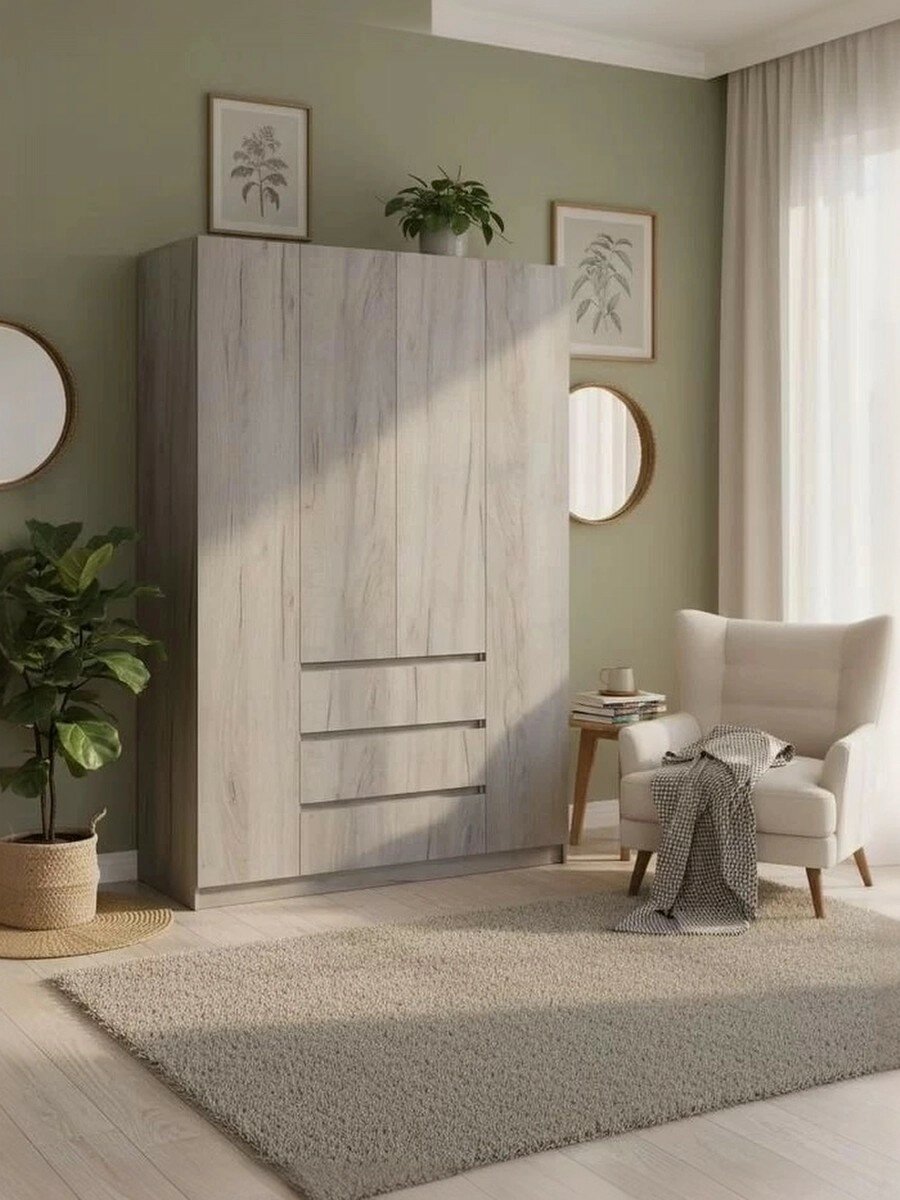 Шкаф распашной МС "Соната", ширина 160 см, Цвет Дуб Крафт серый, четырёхдверный, с полками, со штангой, с ящиками