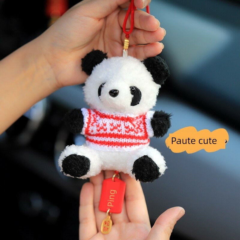 Плюшевый панда автомобильный подвесной декор для салона, красно-белая клетка, милый животный аксессуар