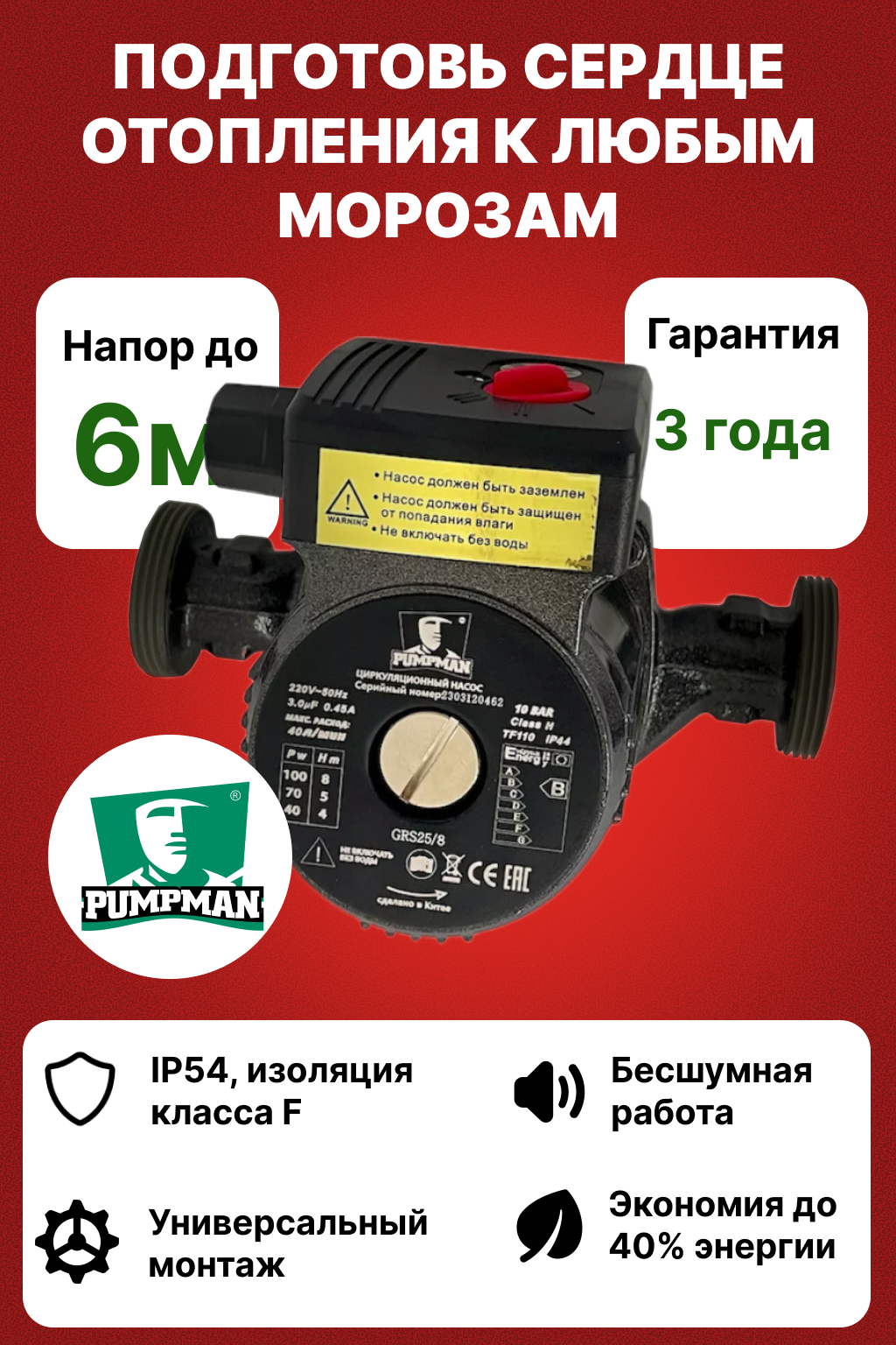Циркуляционный насос GRS 25/6 - 180, 40/68/100 ВТ, 3 скорости