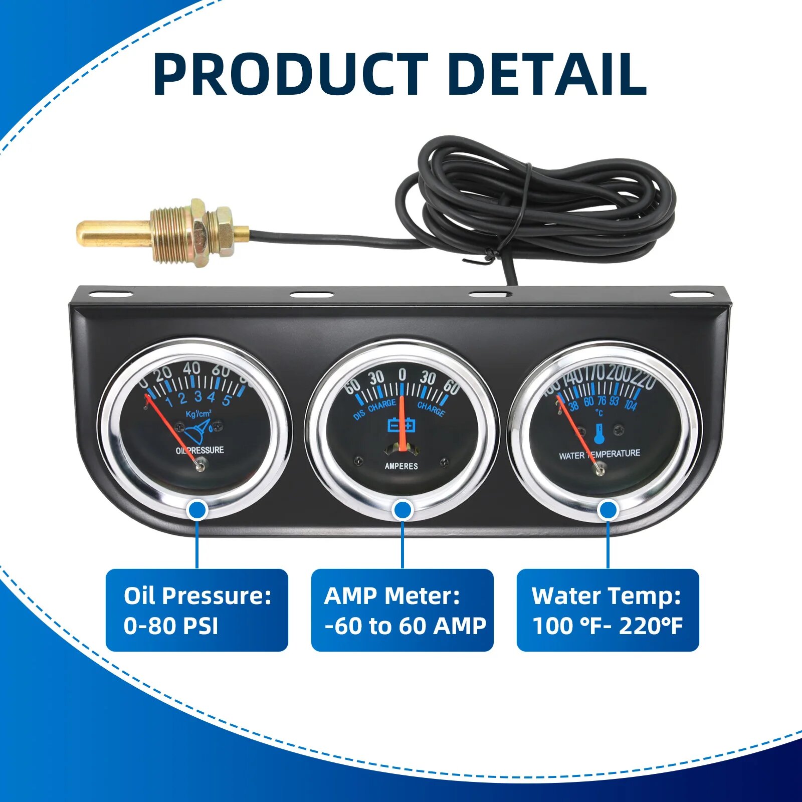 Универсальный Тройной Прибор 3-в-1: Манометр Давления Масла 52 Мм + Датчик Тока (AMP) + Type A