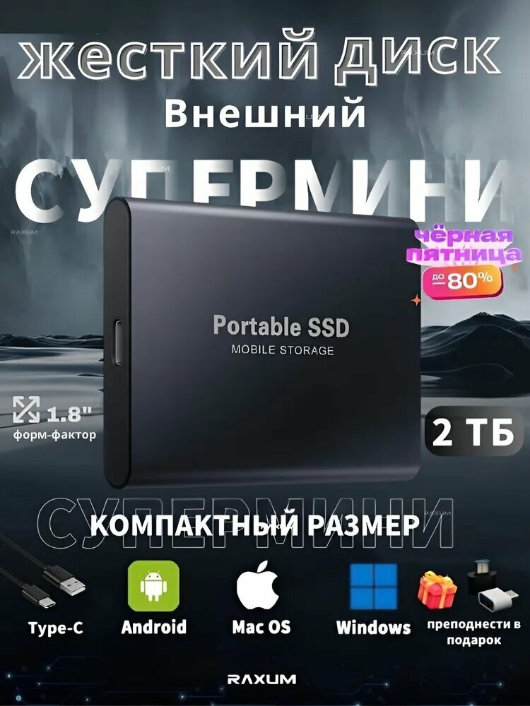 Raxum 2 ТБ Внешний жесткий диск (Portable SSD PRO 2TB), Металл, черный матовый