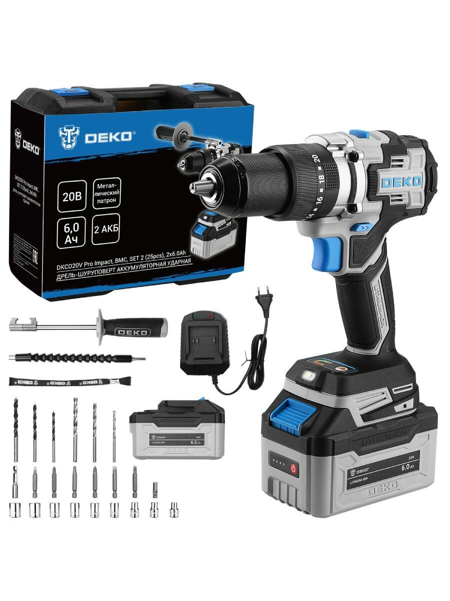 Дрель-шуруповерт аккумуляторная ударная бесщеточная DEKO DKCD20V Pro Impact в кейсе, с набором оснаски