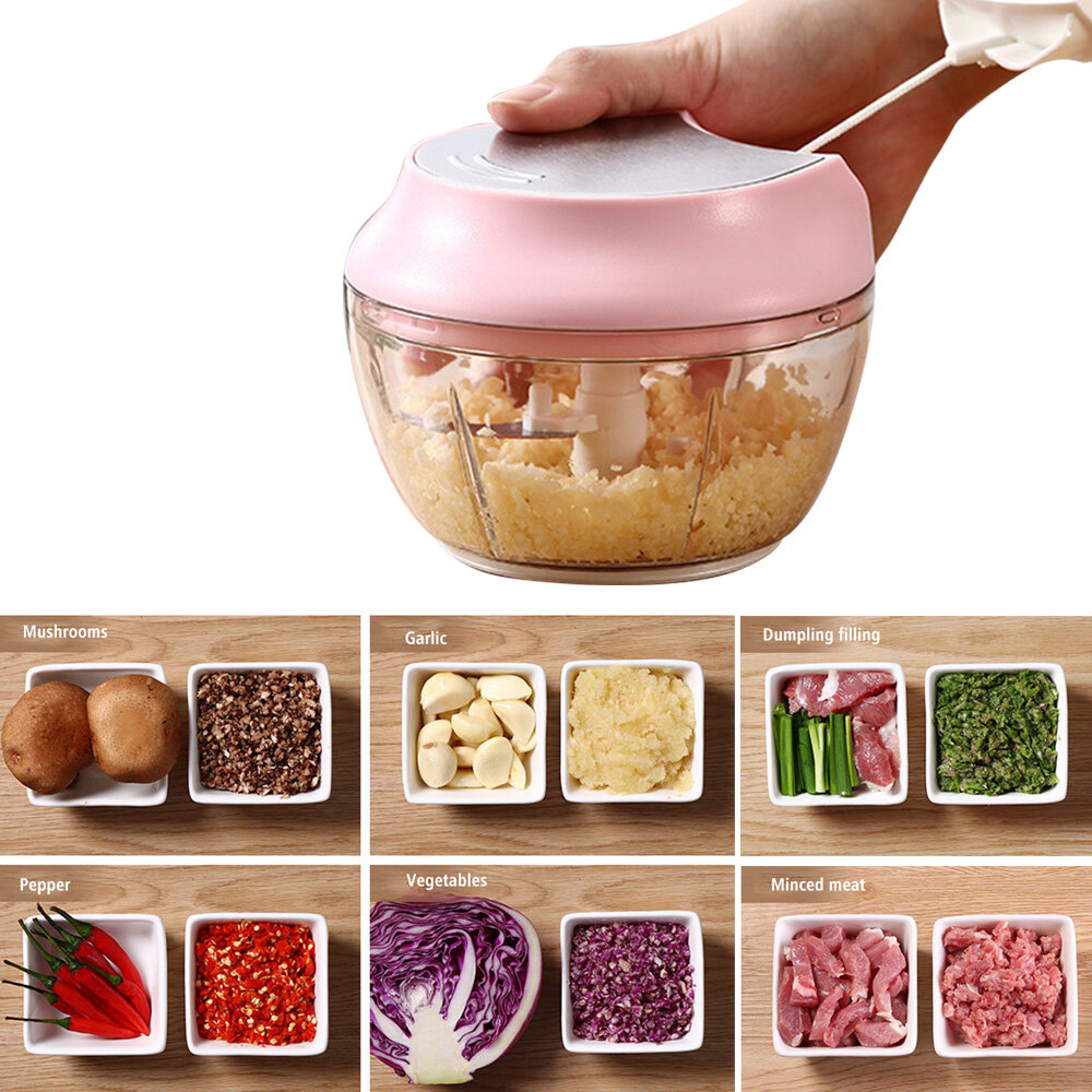 Ручной кухонный дробилка для продуктов Ручной дробилка для чеснока Мincer для чеснока Ручной дробилка с тросом для овощей, лука, овощей, фруктов, орехов, трав, Черный/Розовый, 420 нержавеющая сталь + ABS + PET, 430ML, 12.5*10cm, 225g, 1 шт.