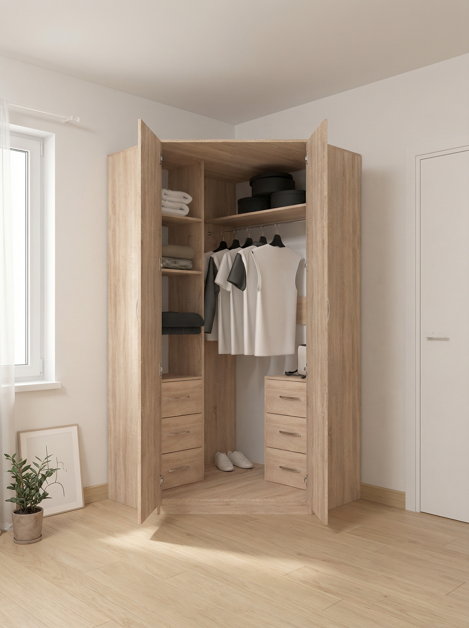 Шкаф угловой распашной Анри-4 с 6 ящиками, 5 полками и штангой для вешалок, дуб сонома