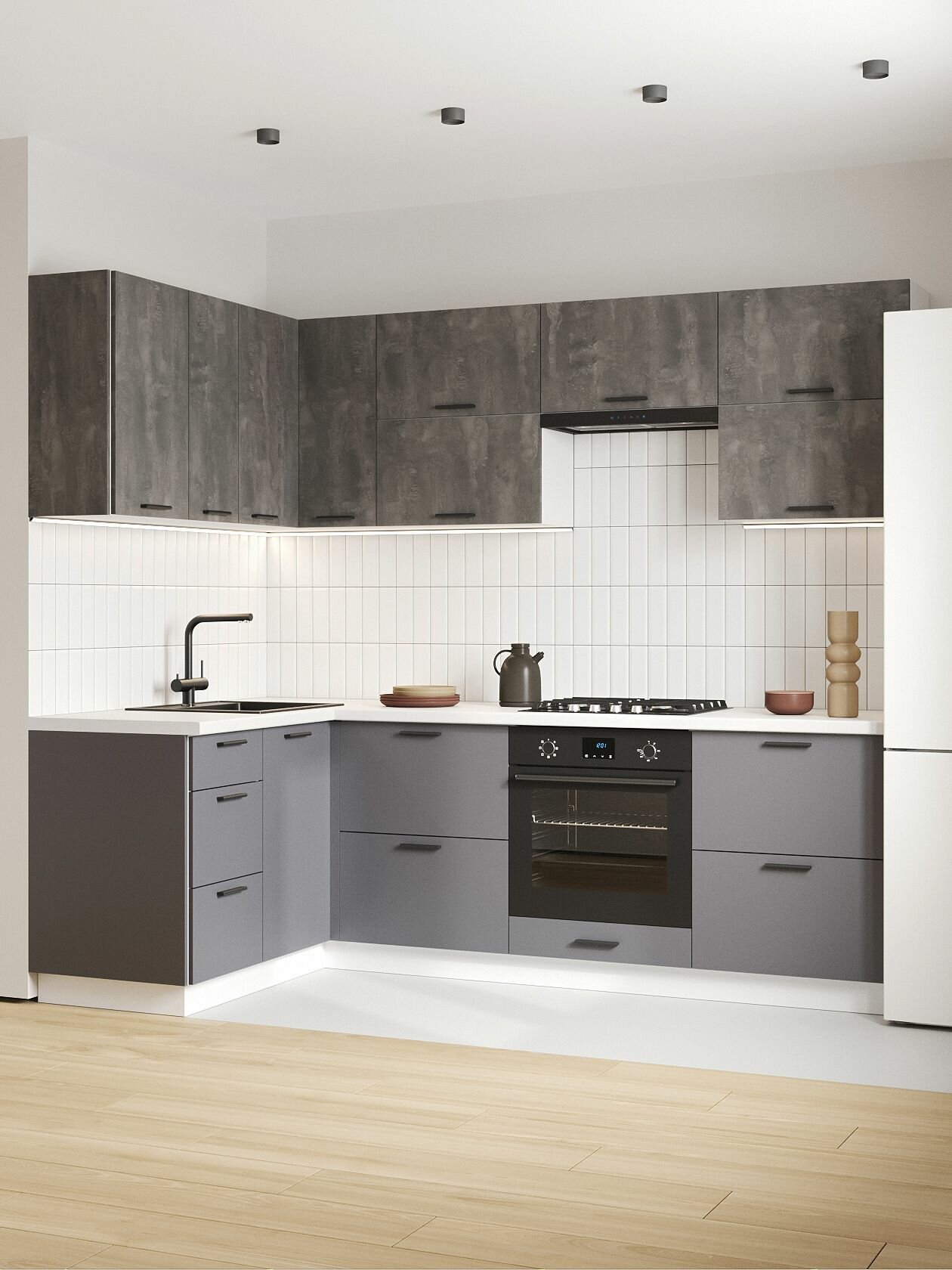 Кухонный гарнитур угловой Урбан 2.4х1.4 м, мебель для дома и кухни, Белый / Камень темный / Графит серый