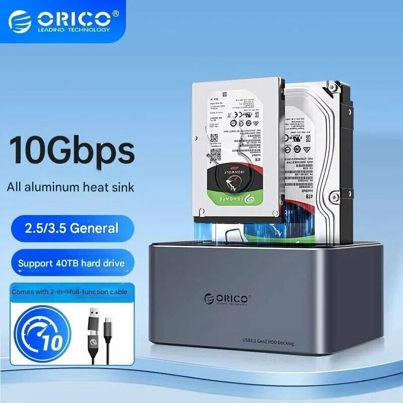 Док-станция для жесткого диска ORICO USB C с 2 отсеками, USB 3.2 Gen 1 с функцией автономного клонирования для 2,5'/3,5' SSD HDD до 40 ТБ (2*20)