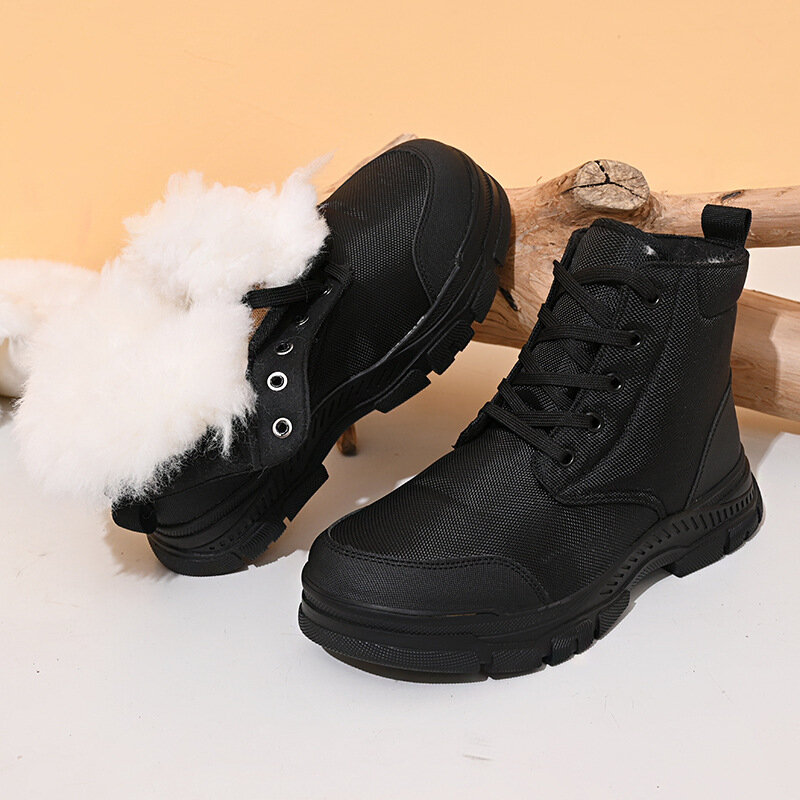 Мужские зимние ботинки из шерсти и хлопка, кожаные туфли в северо-восточном стиле с меховой подкладкой из хлопка, рабочая обувь, утепленные, непромокаемые зимние ботинки для мужчин.