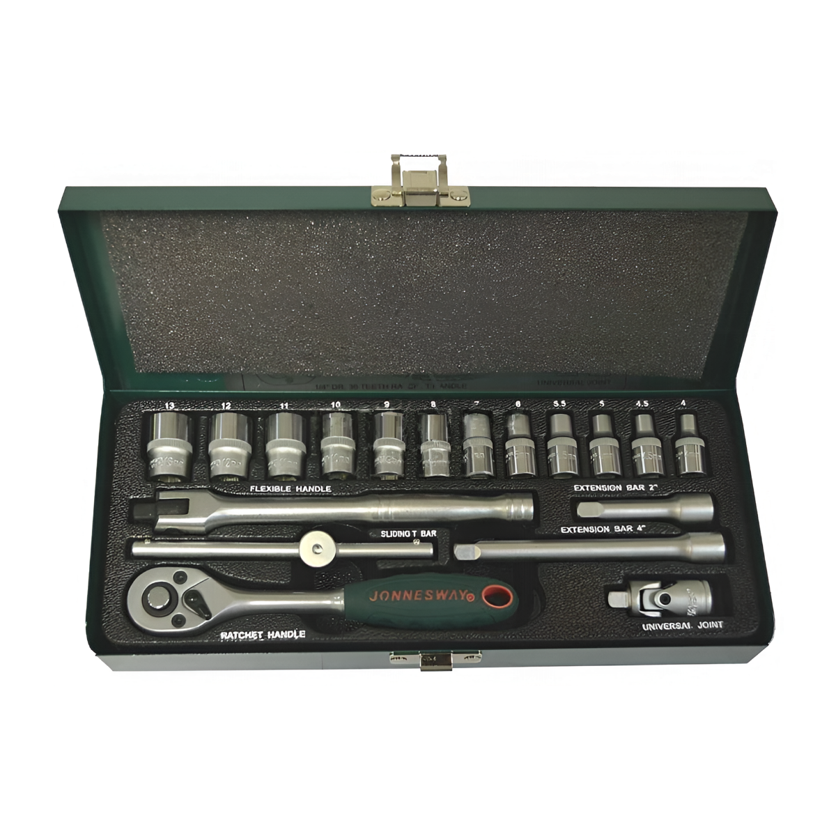 Набор инструментов Jonnesway S04H2118S, зеленый, в кейсе 18 предметов, универсальный