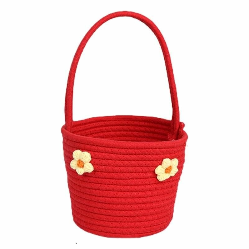 Хлопковая плетеная корзина с ручкой для цветов, яиц, красный