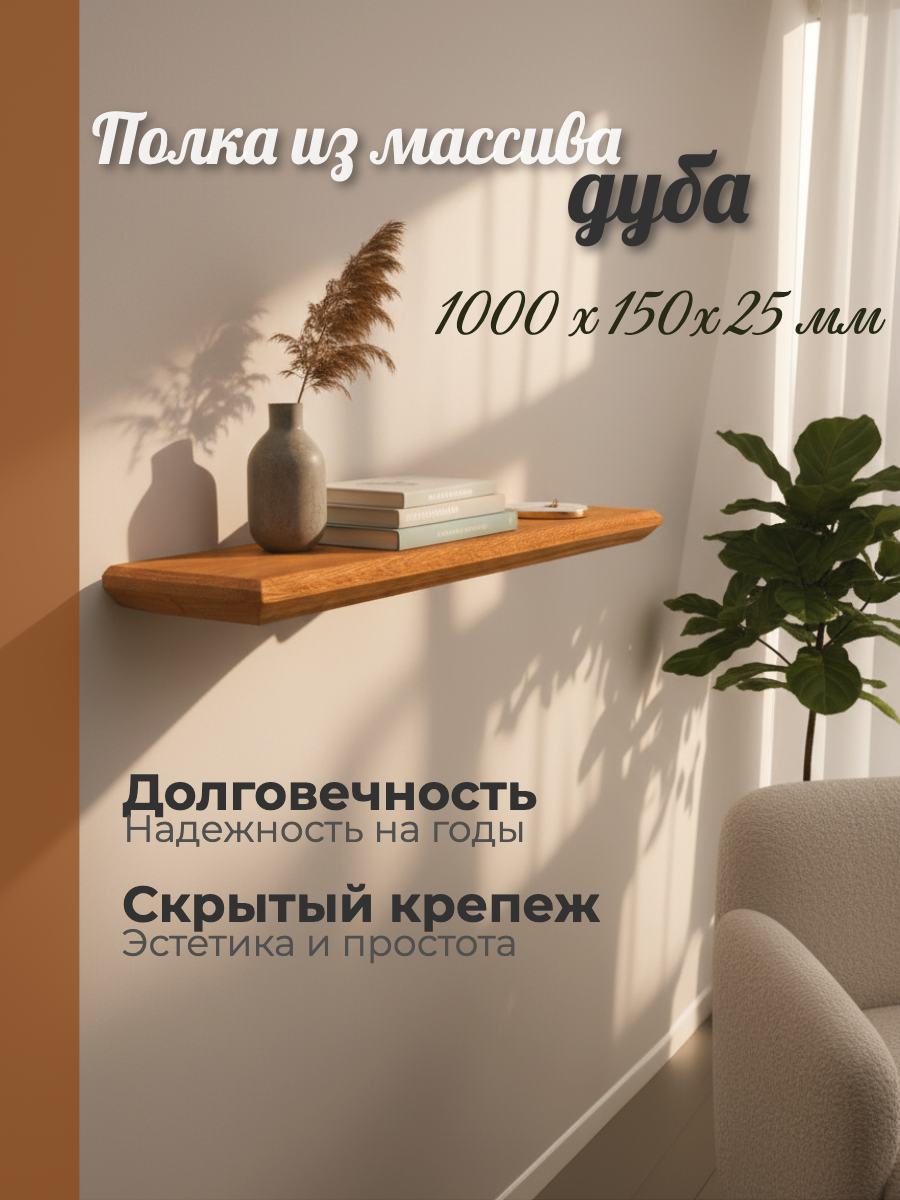 Полка из массива дуба 1000х150х25 мм, скрытый крепеж, для дома, ванны, офиса
