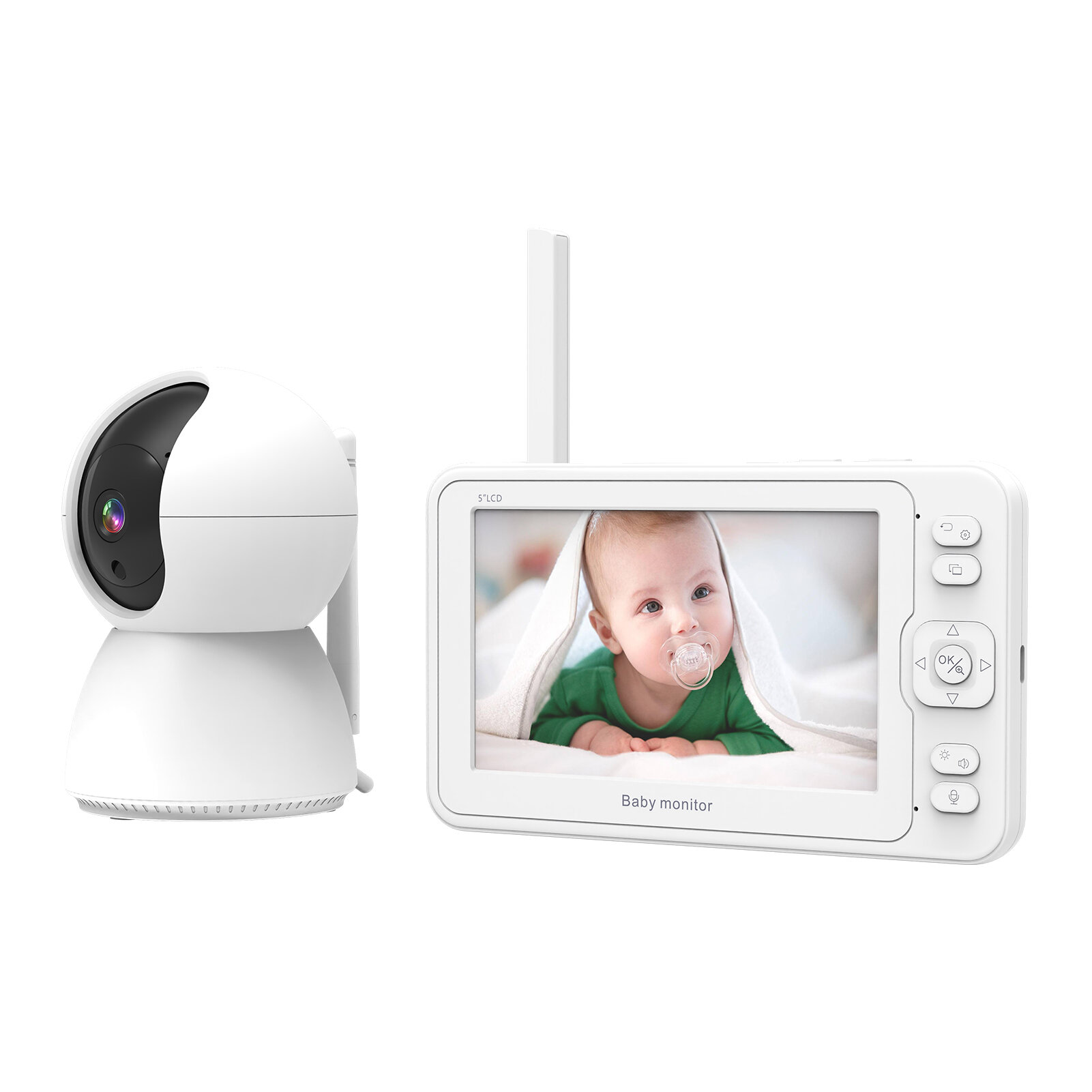 Безжиковый монитор для детей Видеомонитор для камеры монитора с 5-дюймовым ЖК-экраном Двусторонняя связь Детекция температуры в комнате Детекция плача ИК-ночное видение Напоминание о кормлении Встроенные колыбельные, 1 шт Безжиковая камера (Детский