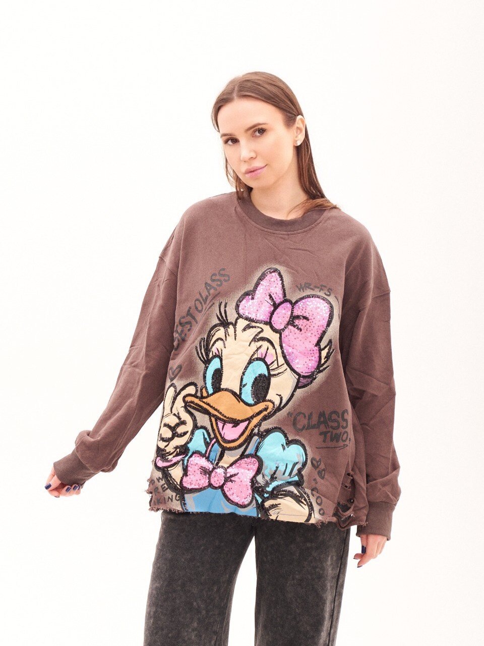 Свитшот  Свитшот в сером цвете с принтом поночка Disney вышитый пайетками из хлопка 40-48