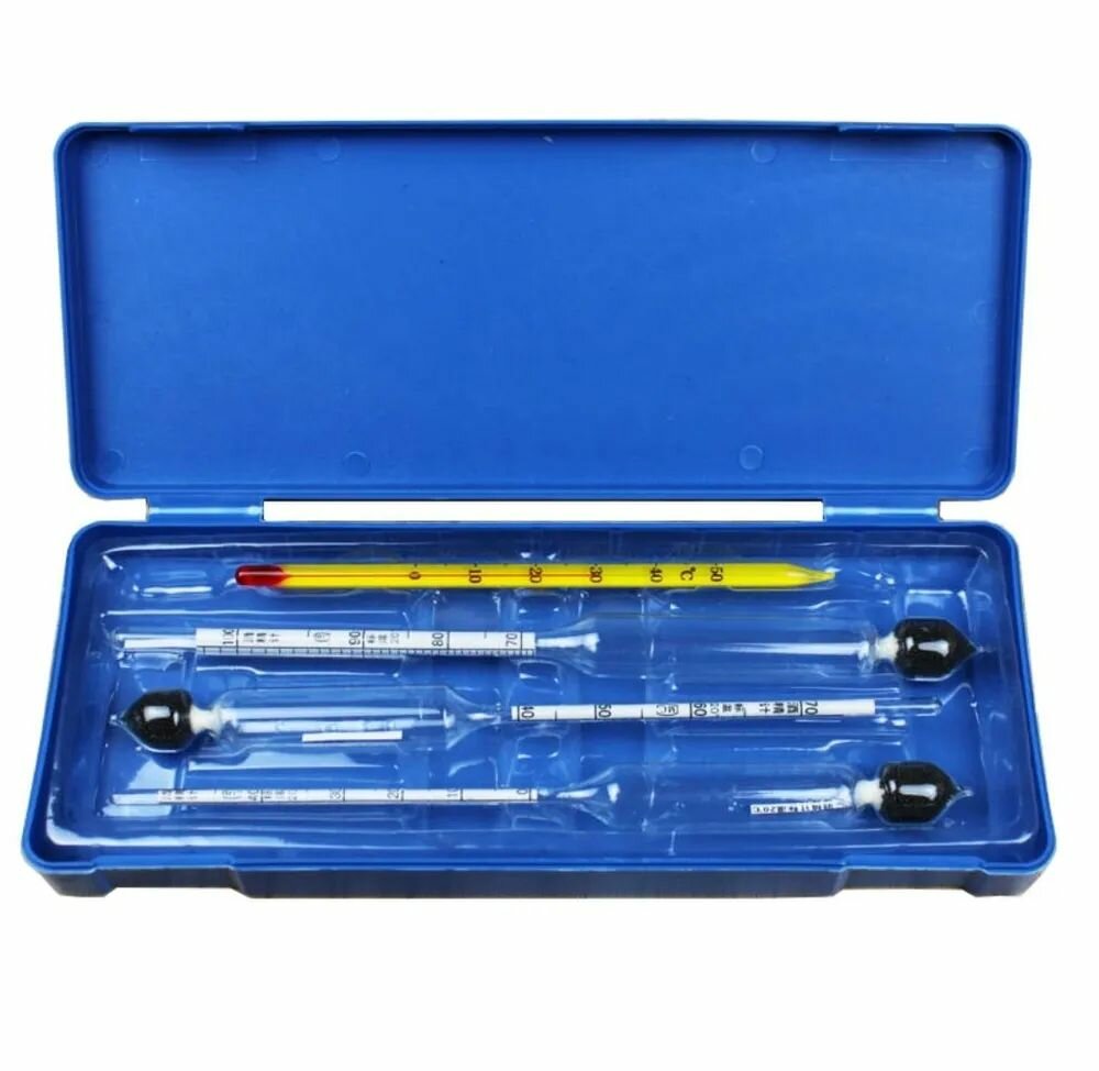 Набор ареометров спиртомеров для самогона (0-40, 40-70, 70-100) и термометр в футляре. Для контроля параметров жидкостей.