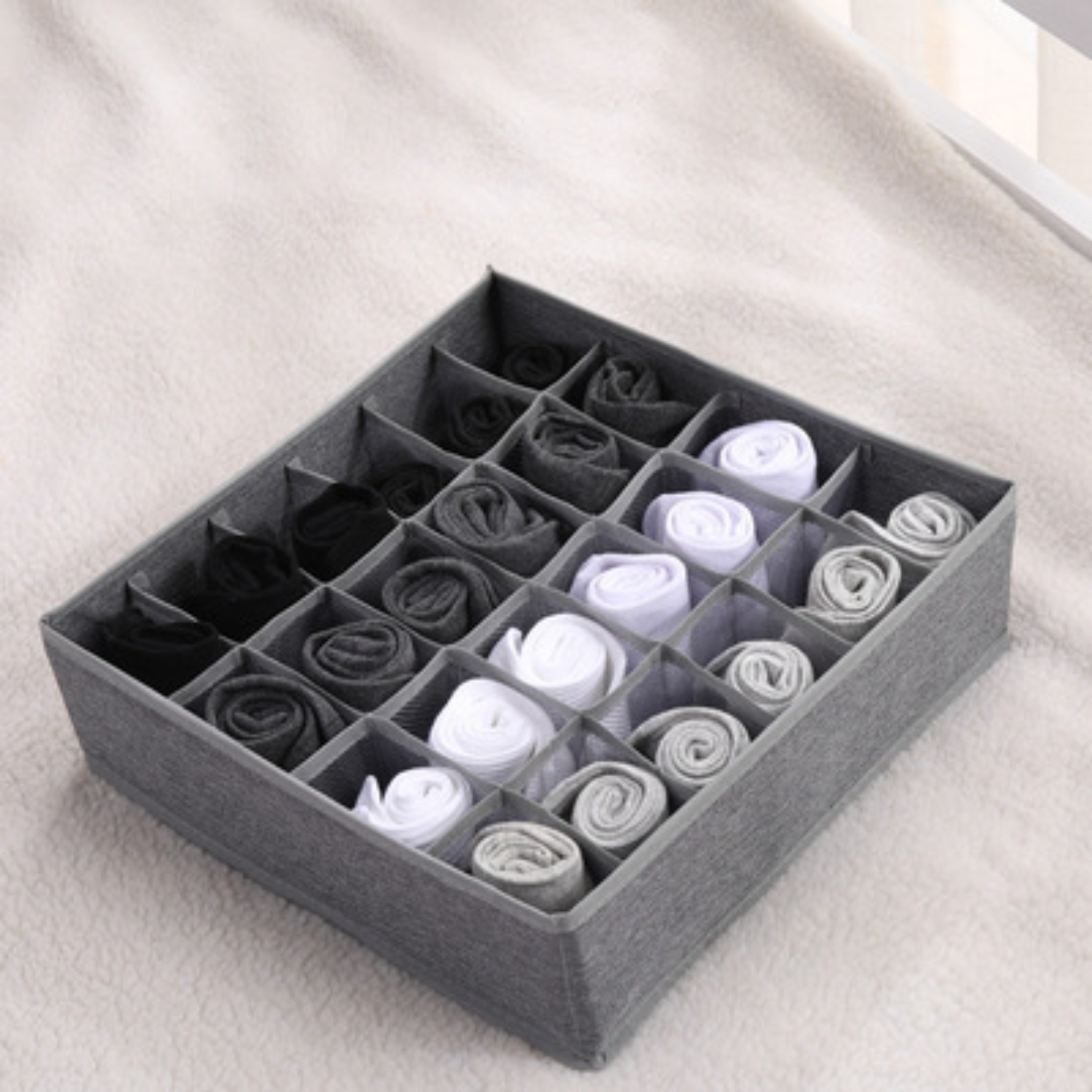 Л Foldable drawer-type fabric storage box for grid-style socks and underwear storage, home-used partitioned organizing storage box, Grey, 24 grids 155g 16 grids 150g 7 grids 145g, 32*32*10cm, non-woven fabric and Oxford cloth, OPP bag, 32*10*3cm