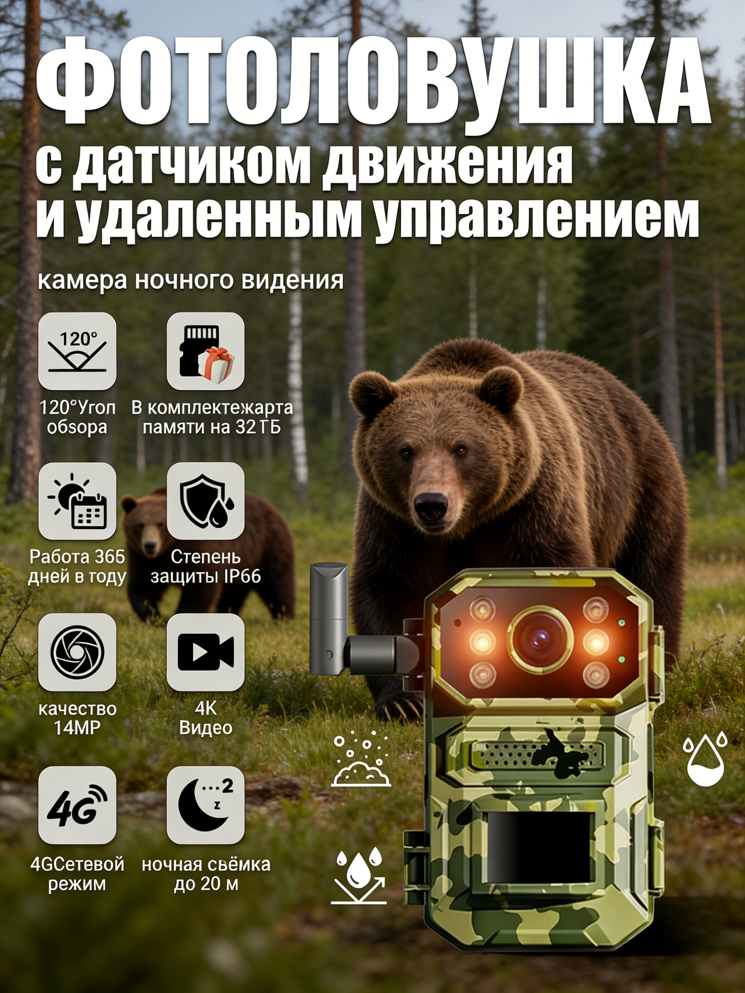 Фотоловушка, ночное видение, сим-карта, высокая четкость, водонепроницаемая, пылезащитная