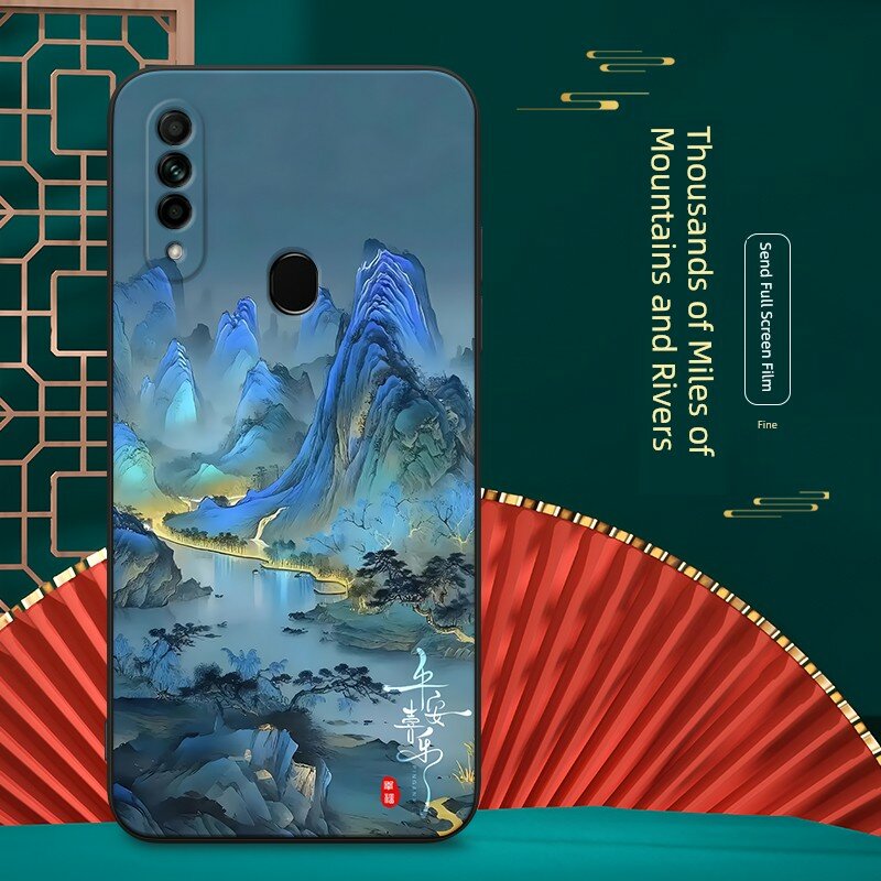 Черный силиконовый чехол для OPPO A8 с дизайном «Тысяча ли пейзажей» и защитным стеклом
