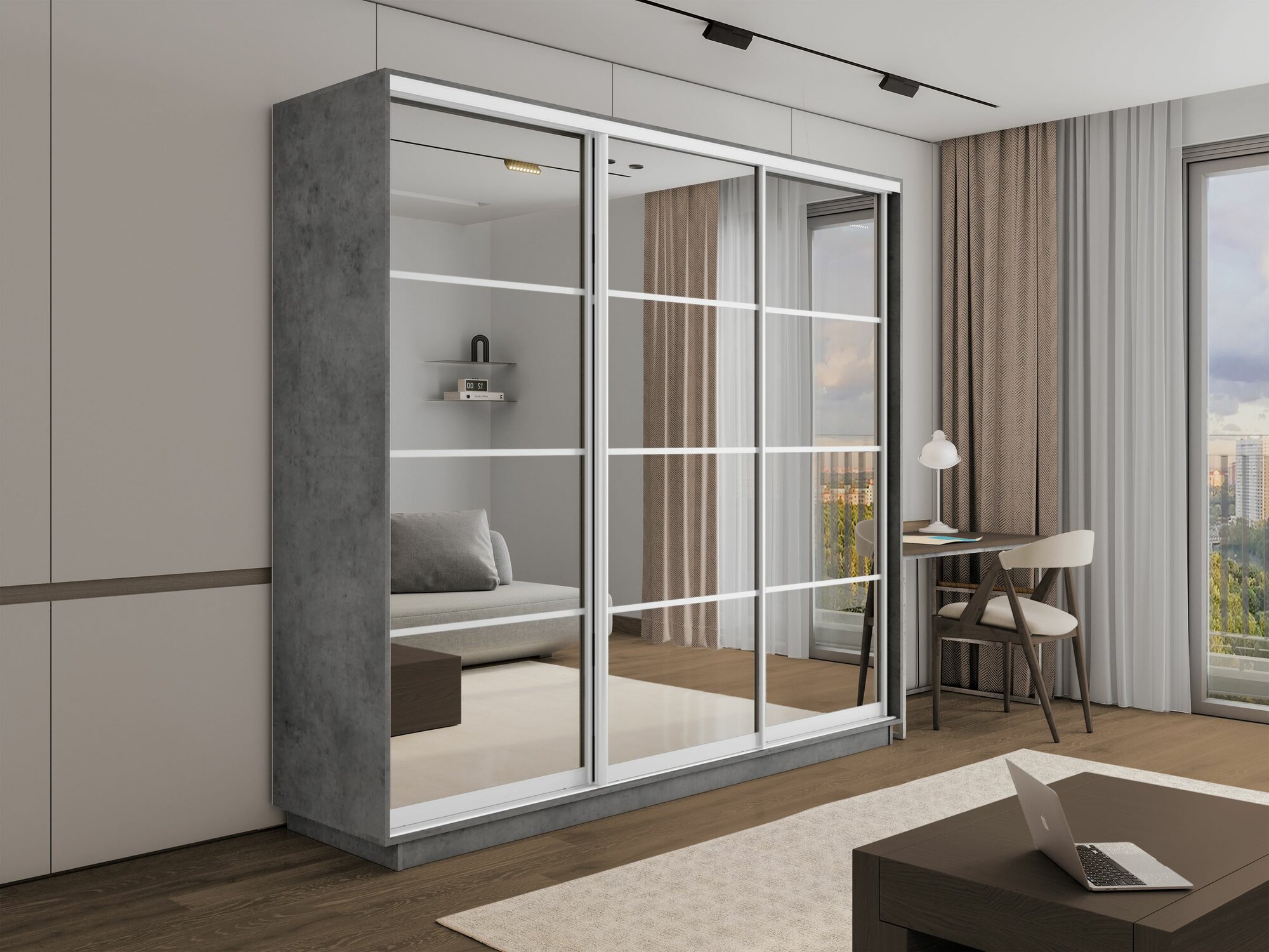 Шкаф-купе Вилли С4 3-х дверный, зеркальные двери, (белый профиль) 180х45х240 см. Бетон