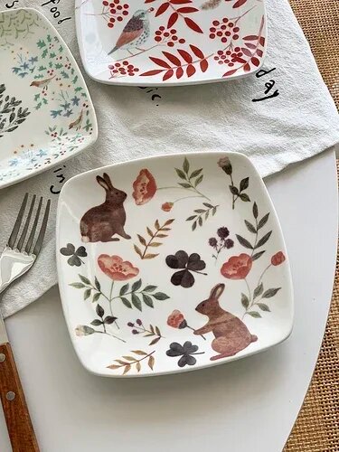 Японская керамическая квадратная тарелка с ягодами Коричневый, 6-in Flower Rabbit