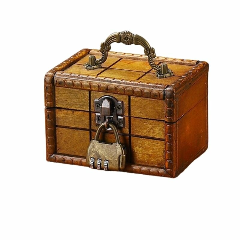 Ретро портативный маленький сундук с сокровищами, деревянный ящик для хранения-коричневый + ретро трехзначный замок паролем