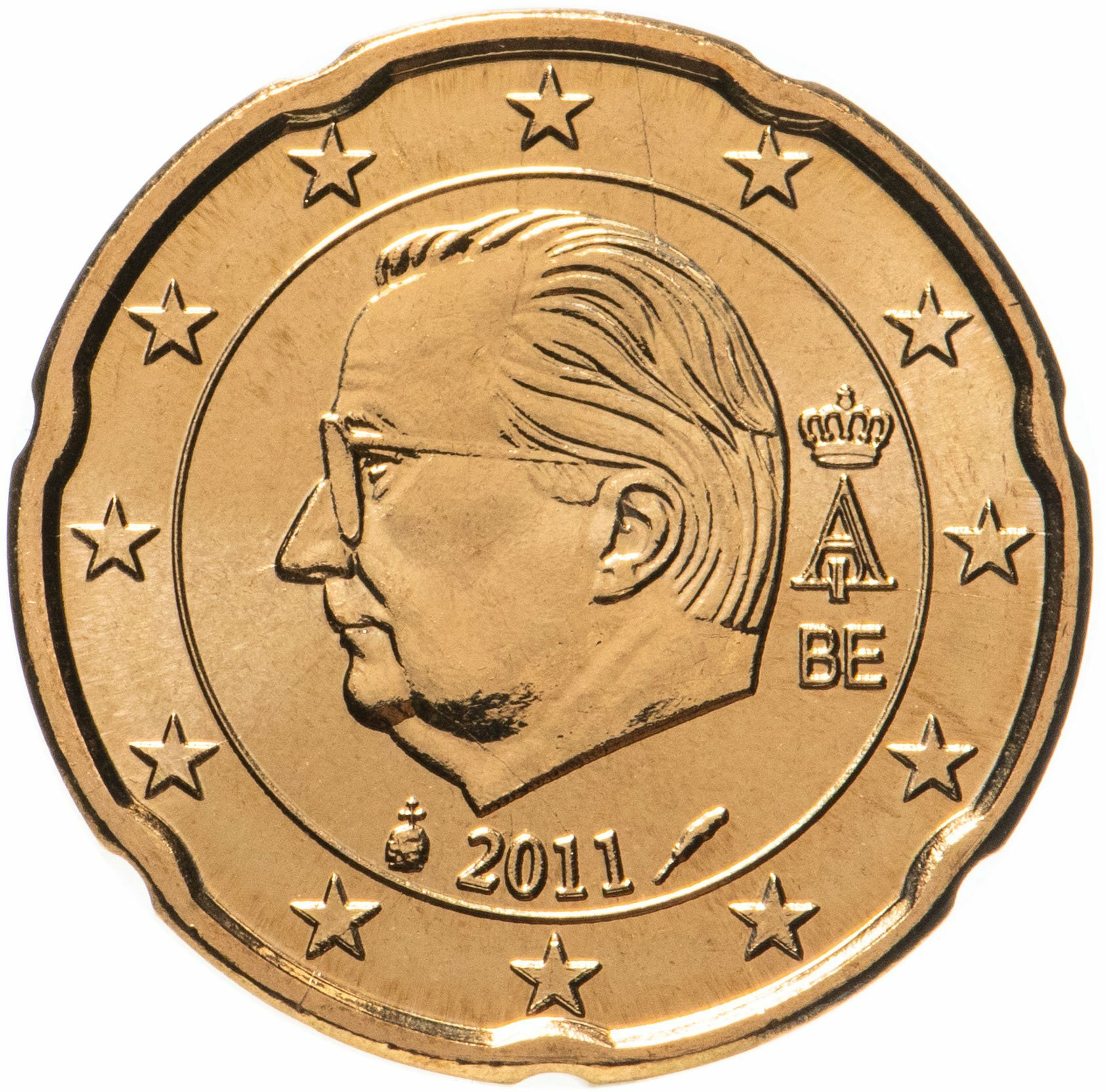 Бельгия 20 евроцентов 2011 король Альберт II, Латунь, в сохранности UNC