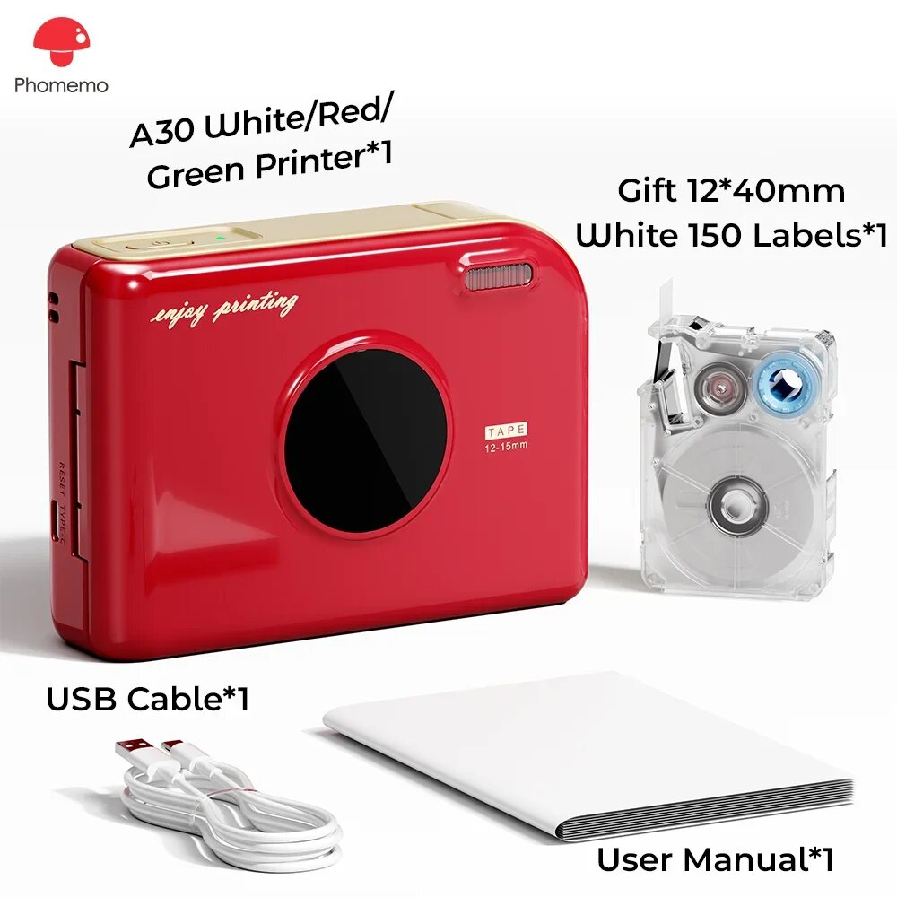 Беспроводной Bluetooth-принтер этикеток Phomemo A30 без чернил, 12 мм, перезаряжаемый, Red
