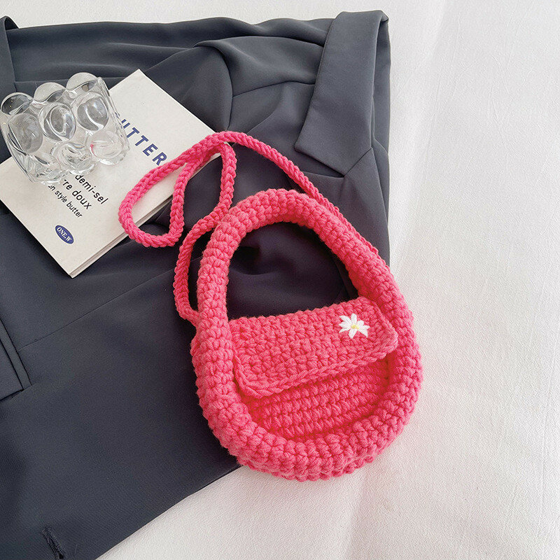 Яркая плюшевая пряжа вязаная сумка для девочек, практичный и милый аксессуар на каждый день, розовый цвет