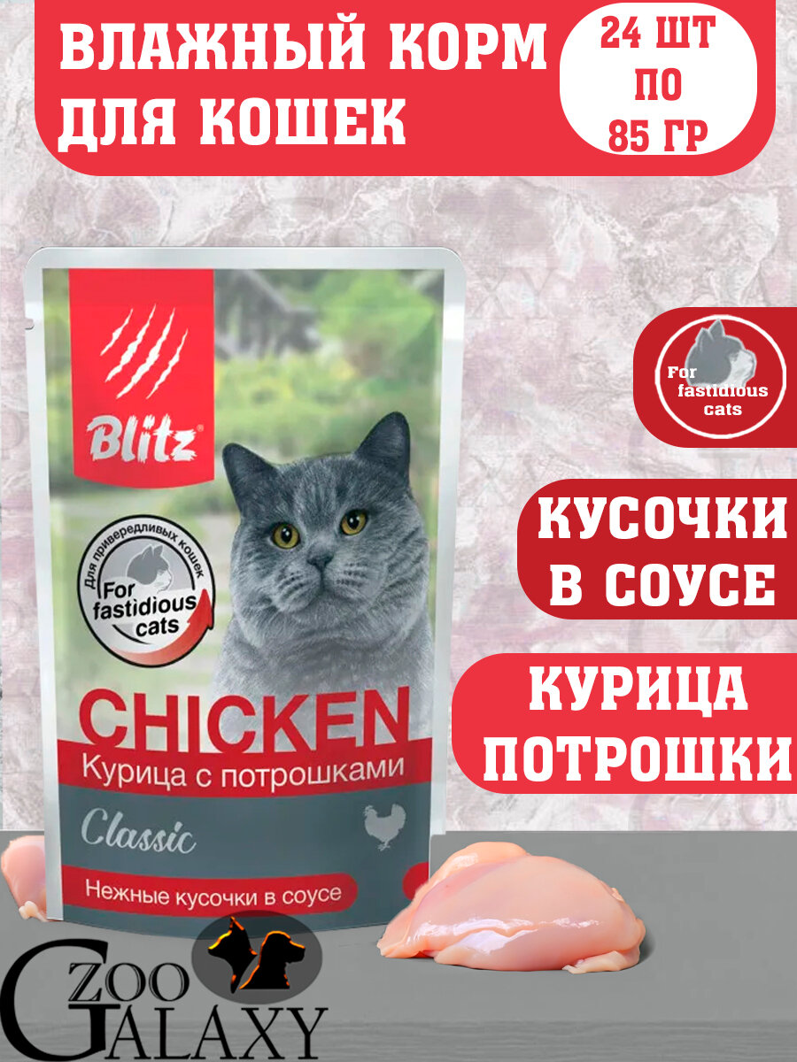 Blitz Classic паучи для кошек, курица и потрошки в соусе 24х85 г