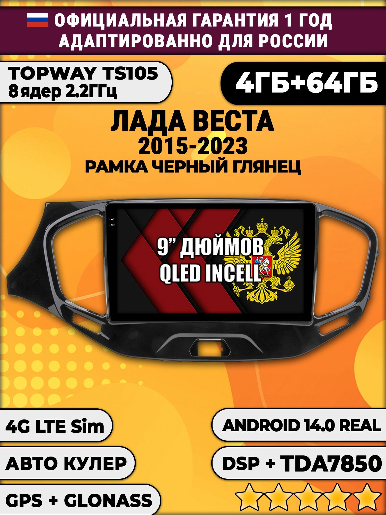 TS105 8 ядер, 4гб+64гб для лада веста (2015 2016 2017 2018 2019 2020 2021 2022 2023), LADA VESTA, рамка черная глянцевая, Android магнитола