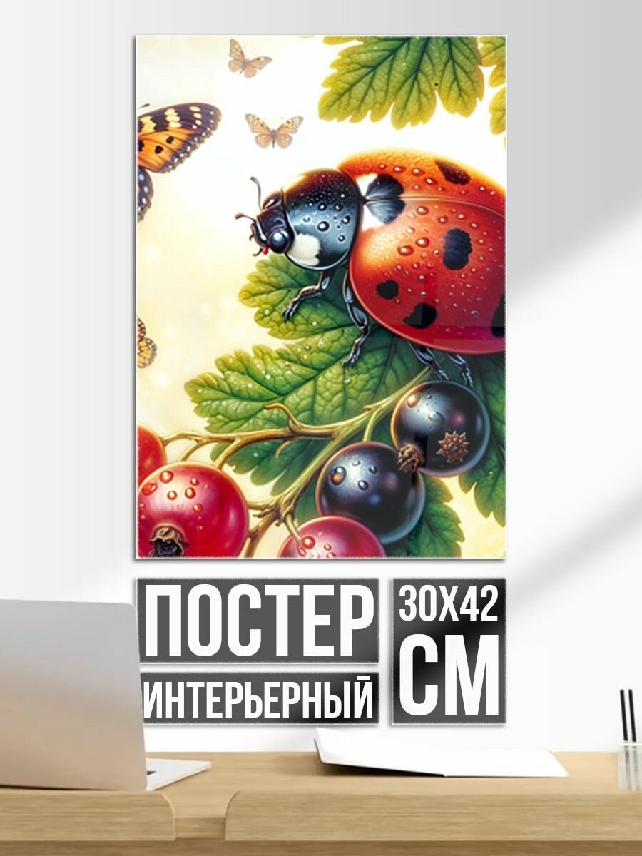 Постер на стену Божья коровка в смородине