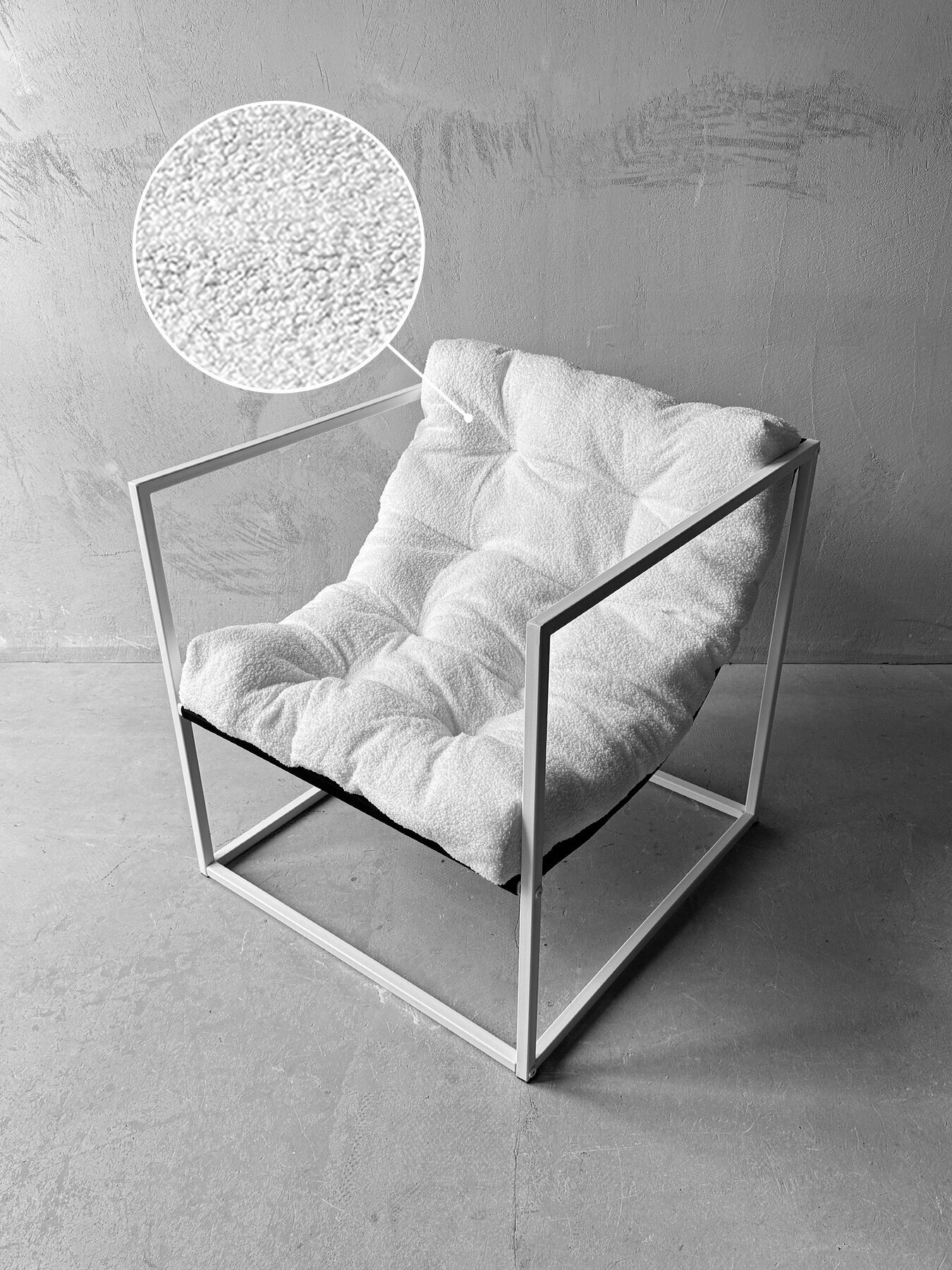 Кресло в стиле лофт, минимализм, Лофтовик + белый плюш, белый металл