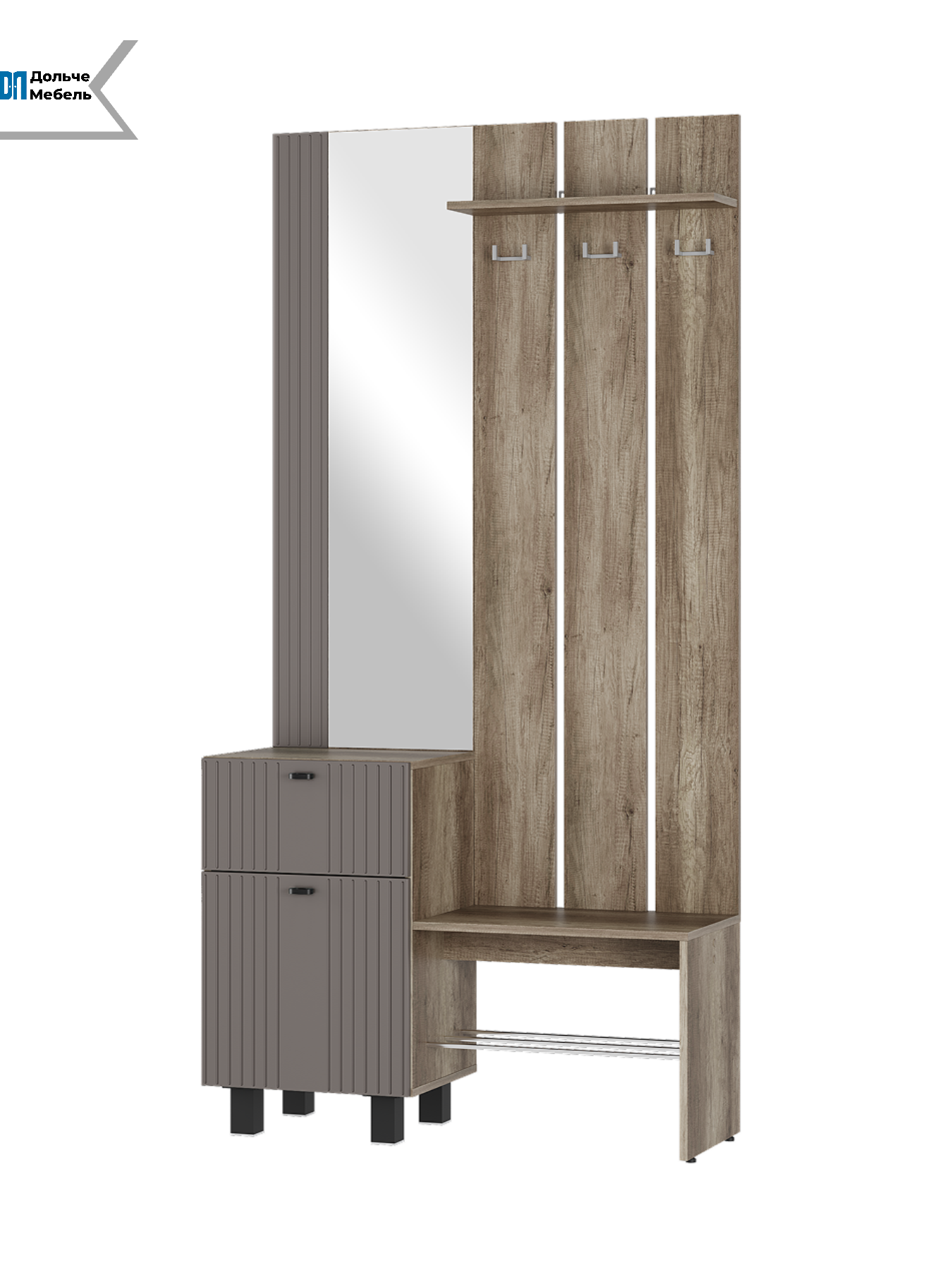 Прихожая мебель в коридор с зеркалом Олива ПР-04 100 см для узкого коридора, дуб каньон, муссон софт