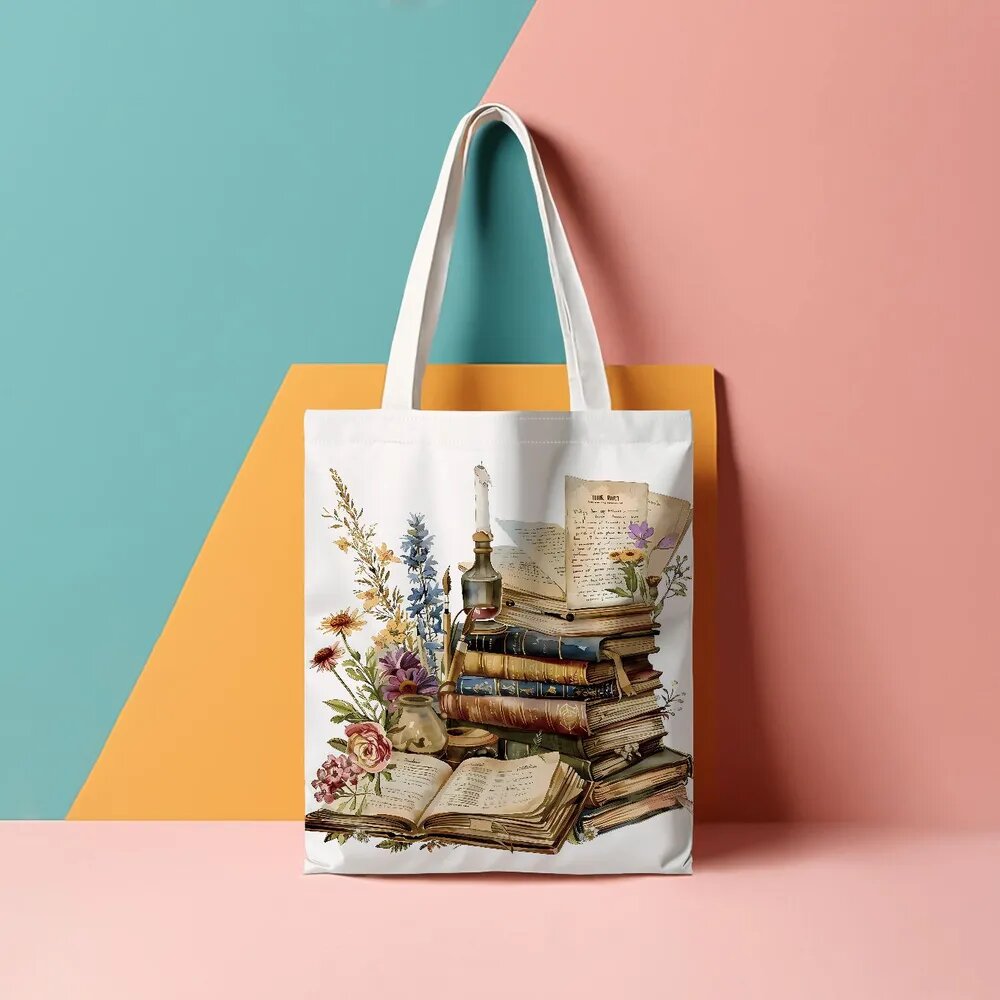 Сумка из полиэстера с принтом книги и цветы, 41x33 см, светлая, для покупок и повседневного использования — фото 1