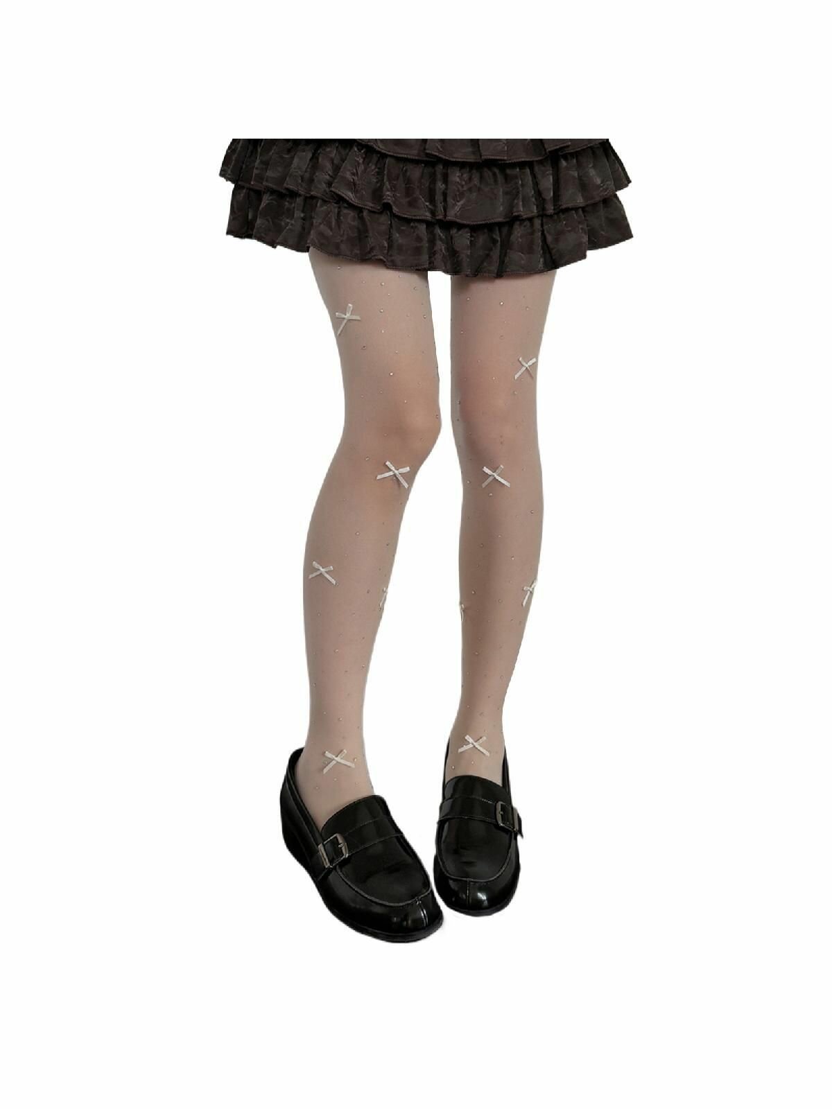 Женские атласные колготки с бусинами и бантом, Белый