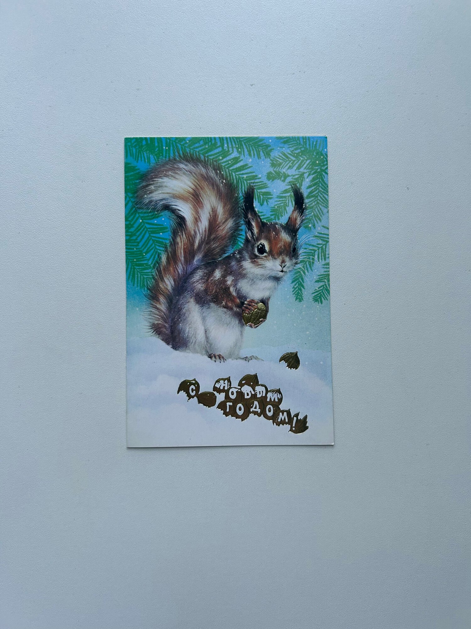 Винтажная открытка СССР С Новым годом! . Белочка с золотыми орешками. Художник А. Исаков. Издание 1985 года