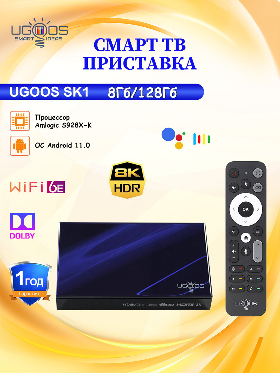 ТВ приставка Ugoos SK1 8/128 Гб Amlogic S928X-K Android 11.0, WiFi6/BT5.2, поддержка 1000M AV1 H.265 8K 60 кадров в секунду VP9 HDR медиаплеер
