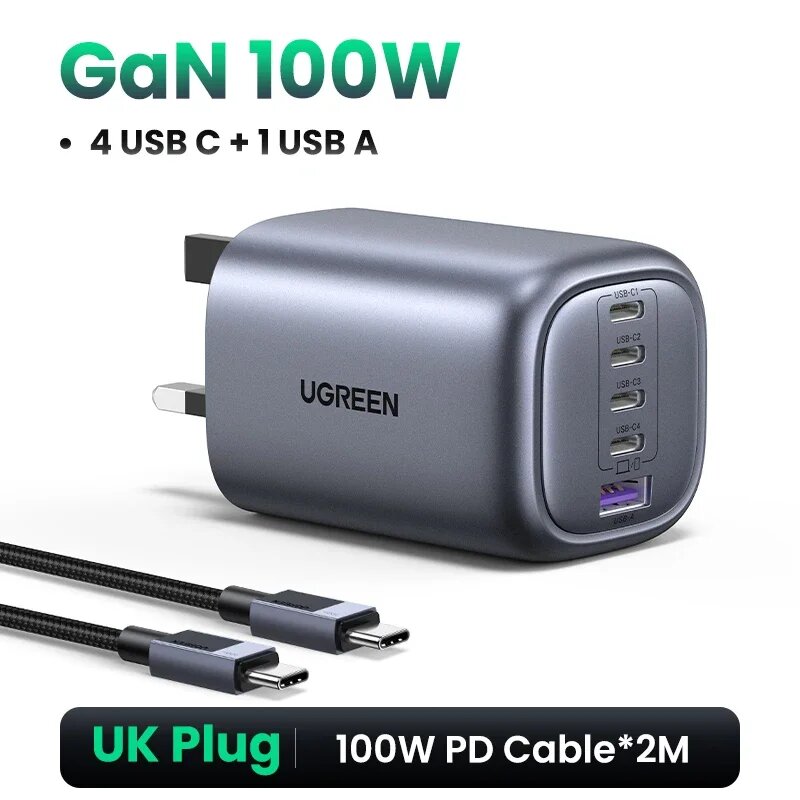 UGREEN 100W GaN зарядное UK, 5 USB-C, кабель 2м