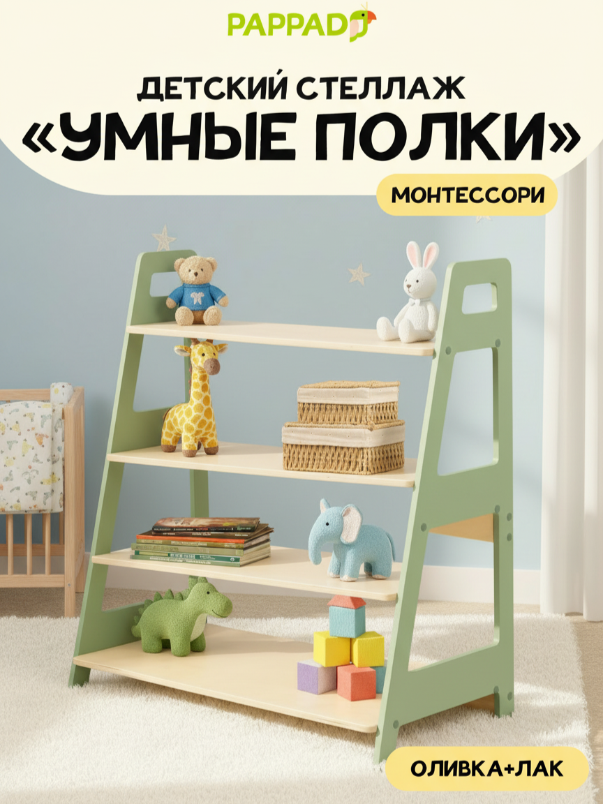 Стеллаж PAPPADO для книг и игрушек деревянный с полкам, цвет оливковый/лак