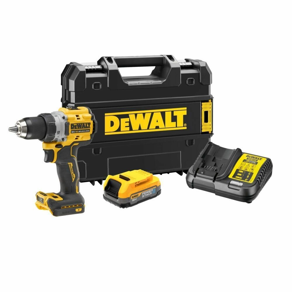Аккумуляторная безударная бесщеточная дрель-шуруповерт DEWALT DCD800E1T, 18 В, PowerStack 1.7Ач