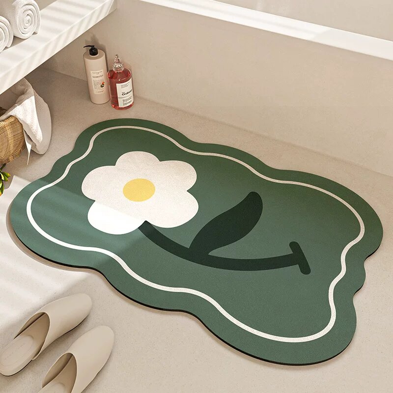 Водоabsорбирующий напольный коврик 50x80 см с цветочным узором 'Smiling Flowers' в зеленом цвете для ванной комнаты