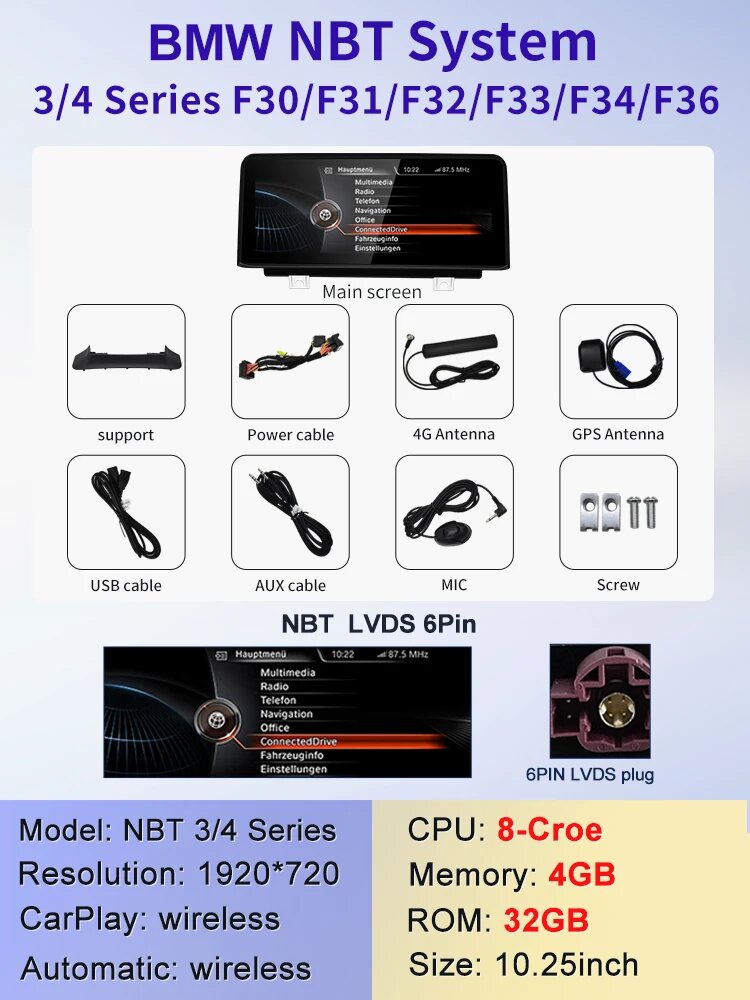 STWEI 2024 Новый ID6 ID7 ID8 Беспроводной CarPlay авто 10,25 дюйма Для BMW 3/4 серии F30 NBT 4G 32G