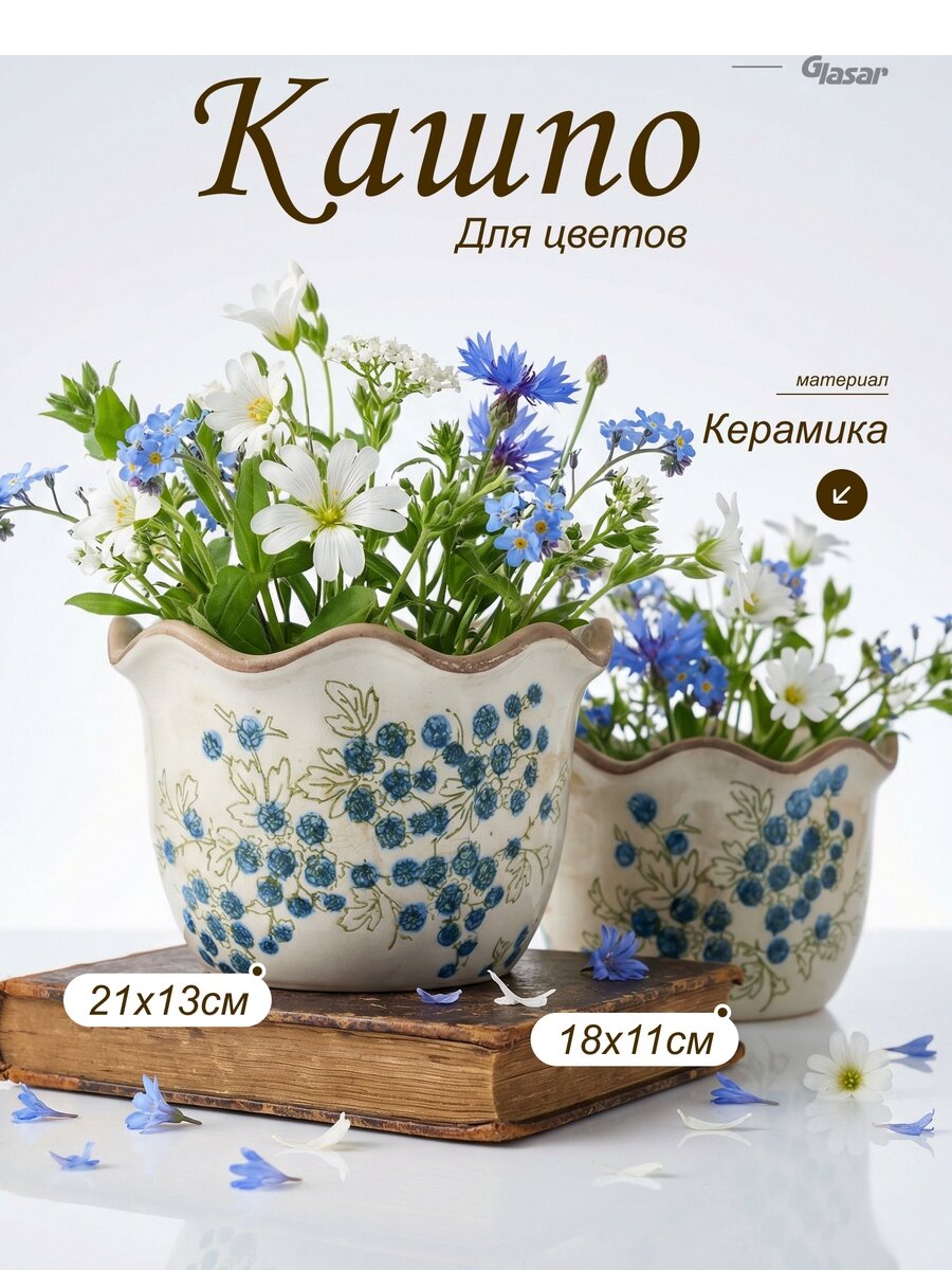 C4479 Кашпо, набор 2 предмета 21х21х13; 18х18х11см, керамика, Glasar
