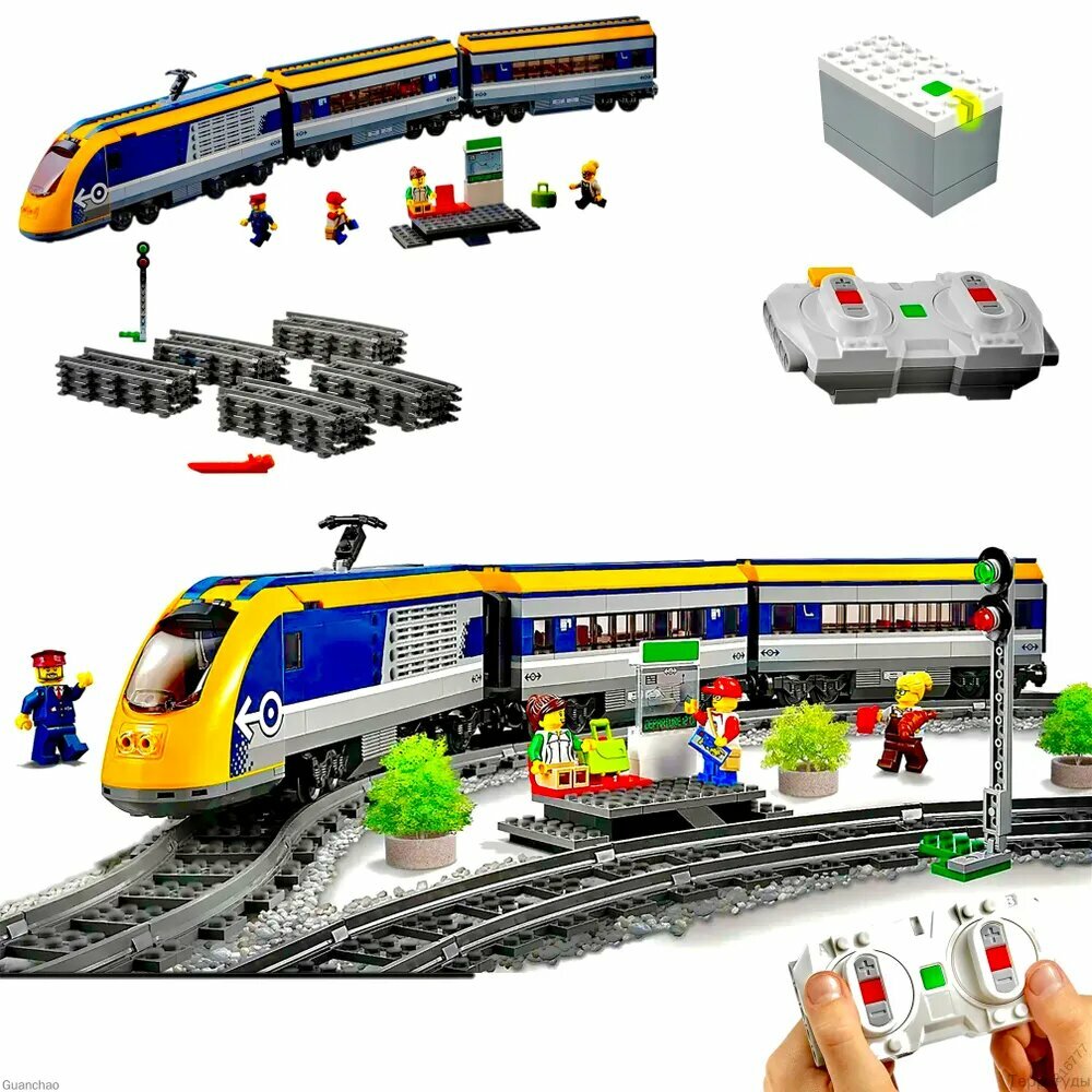 Радиоуправляемый Конструктор техника набор "Пассажирский поезд" ( trains техник с мотором моторизированная, игрушка большой powered up грузовой, мощный желто синий ласточка ideas, вагон expert сапсан, 768 деталей
